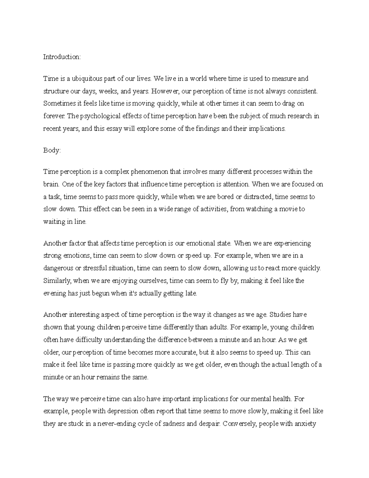 Title The Psychological Effects of Time Perception - Introduction: Time ...