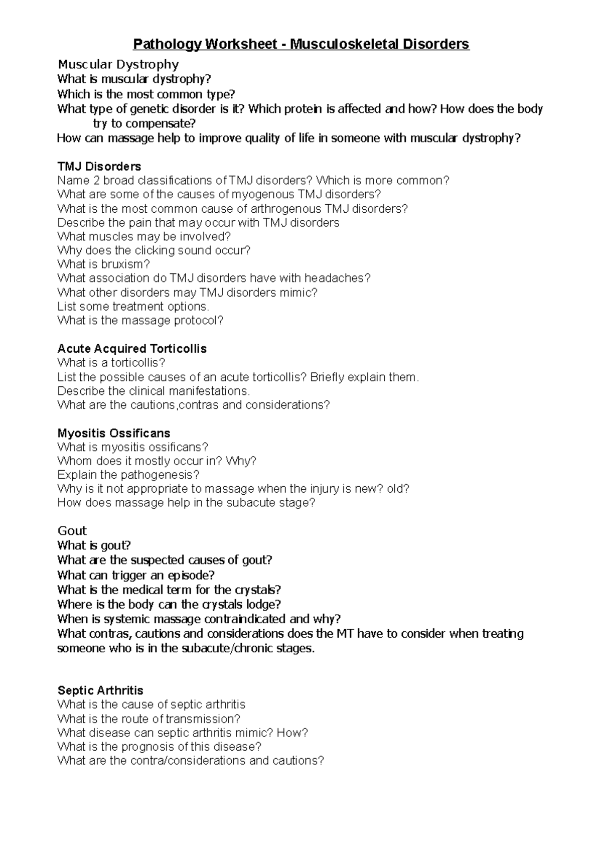 Worksheet 2 - Pathology Worksheet - Musculoskeletal Disorders Muscular ...