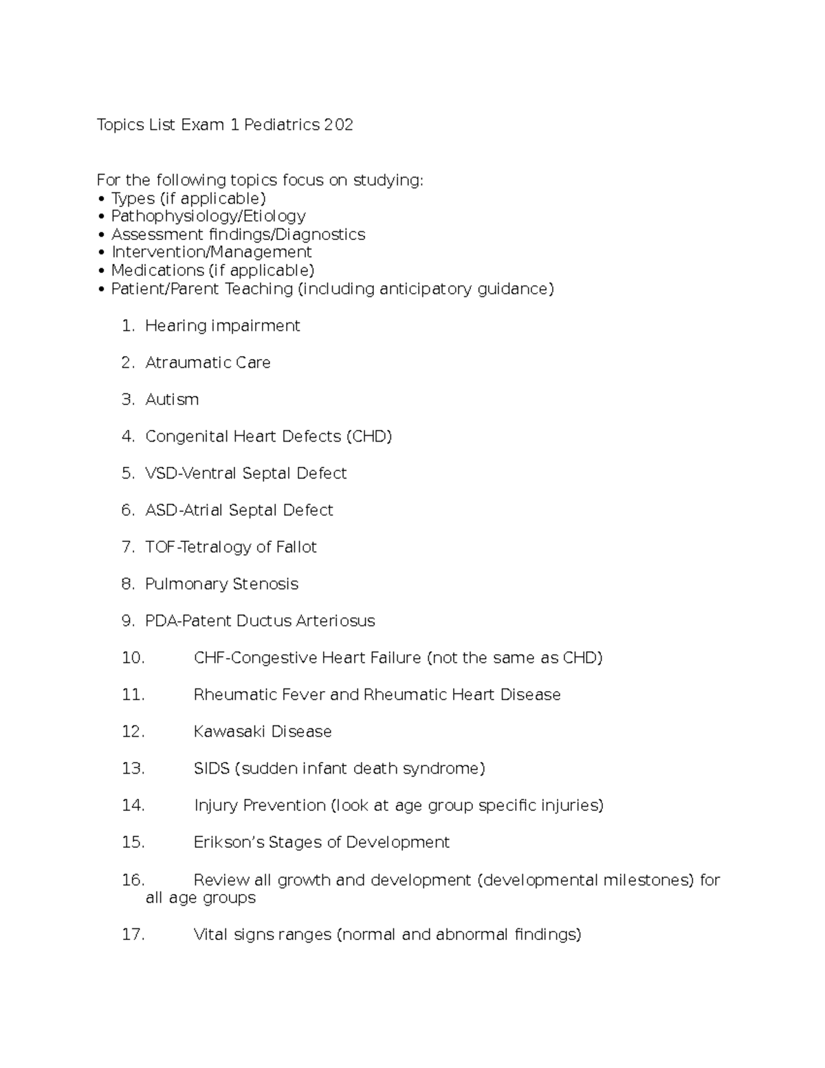 Ped Exam 1 study guide - Peds - Topics List Exam 1 Pediatrics 202 For ...