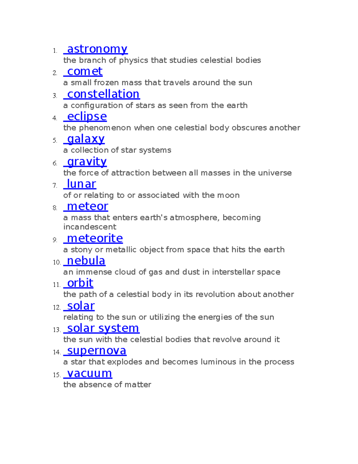 Sci 3 - Chem notes - 1. astronomy the branch of physics that studies ...