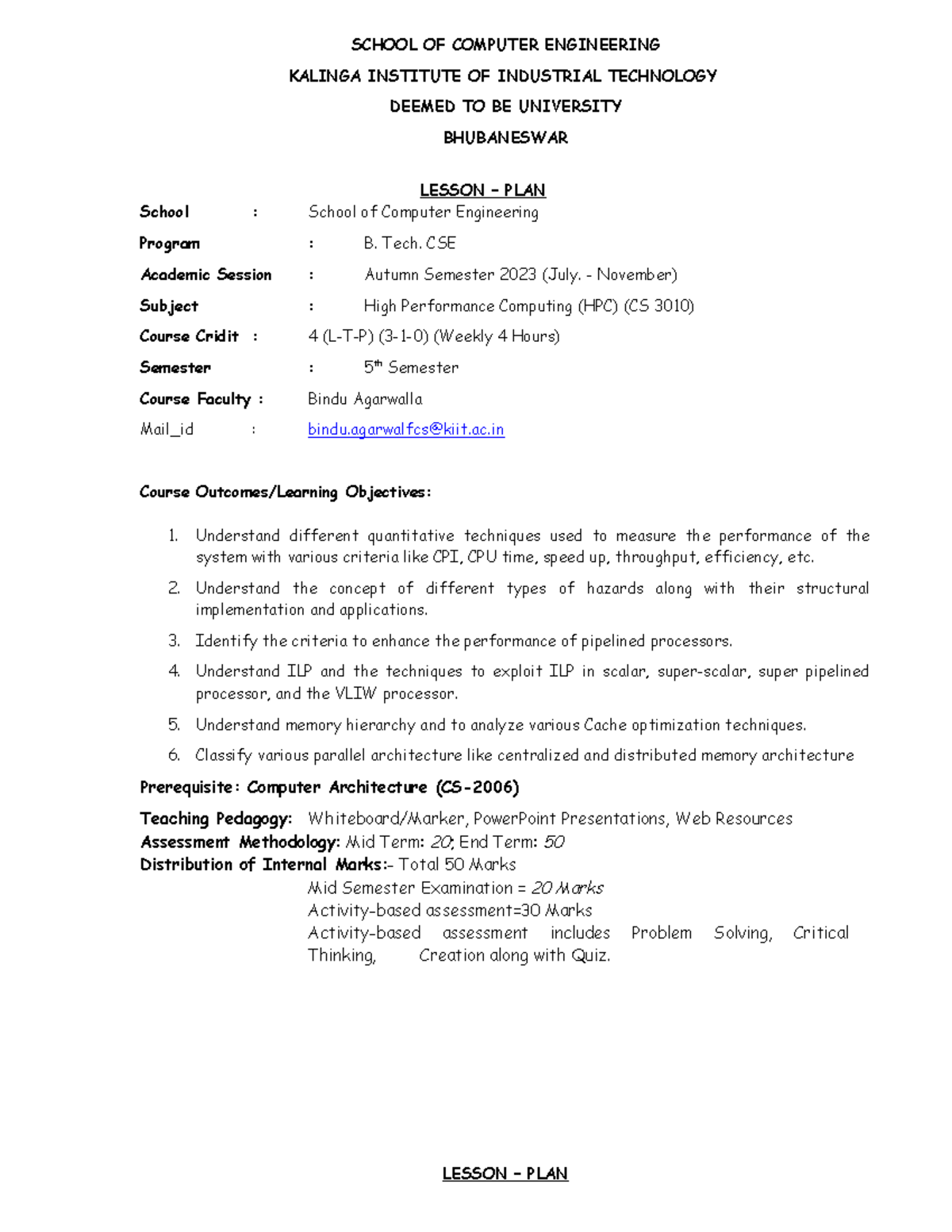 HPC Lesson Plan CS3010 2023 5th sem - SCHOOL OF COMPUTER ENGINEERING ...