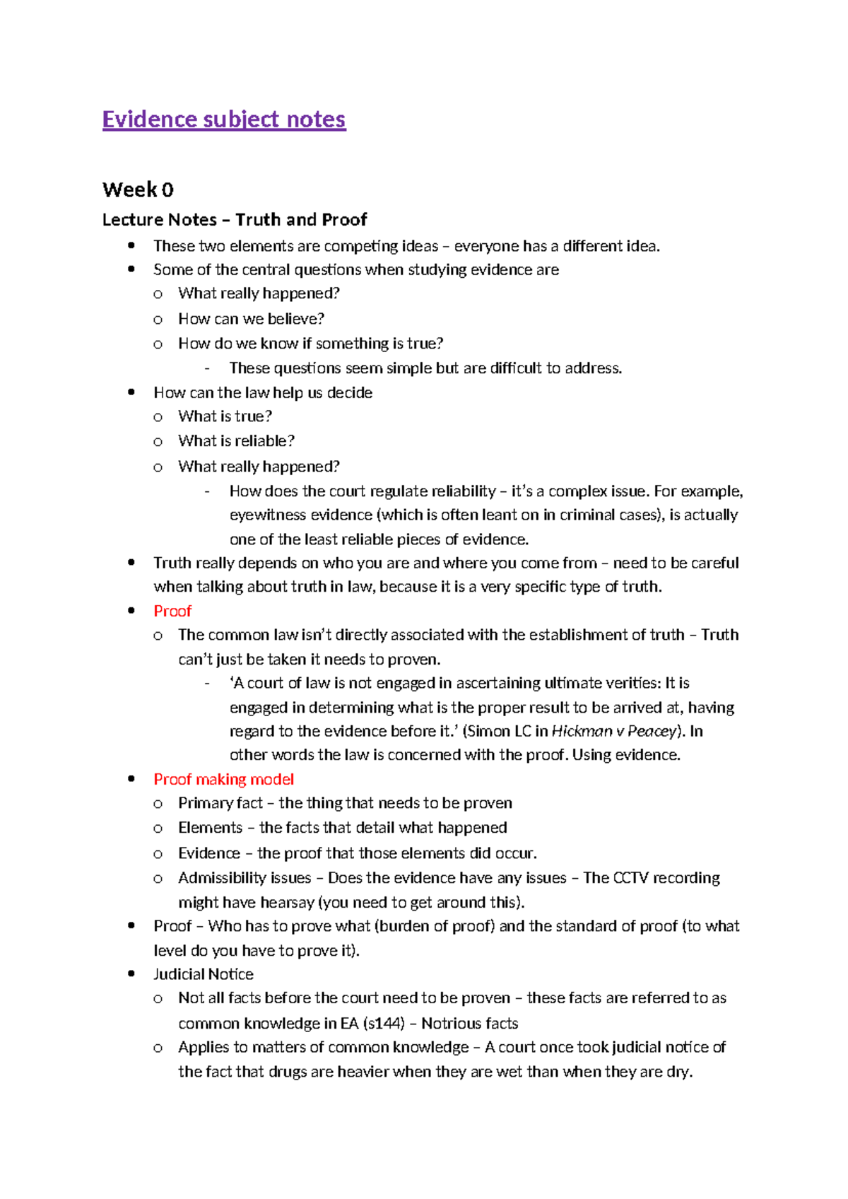 Evidence subject notes - Evidence subject notes Week 0 Lecture Notes ...