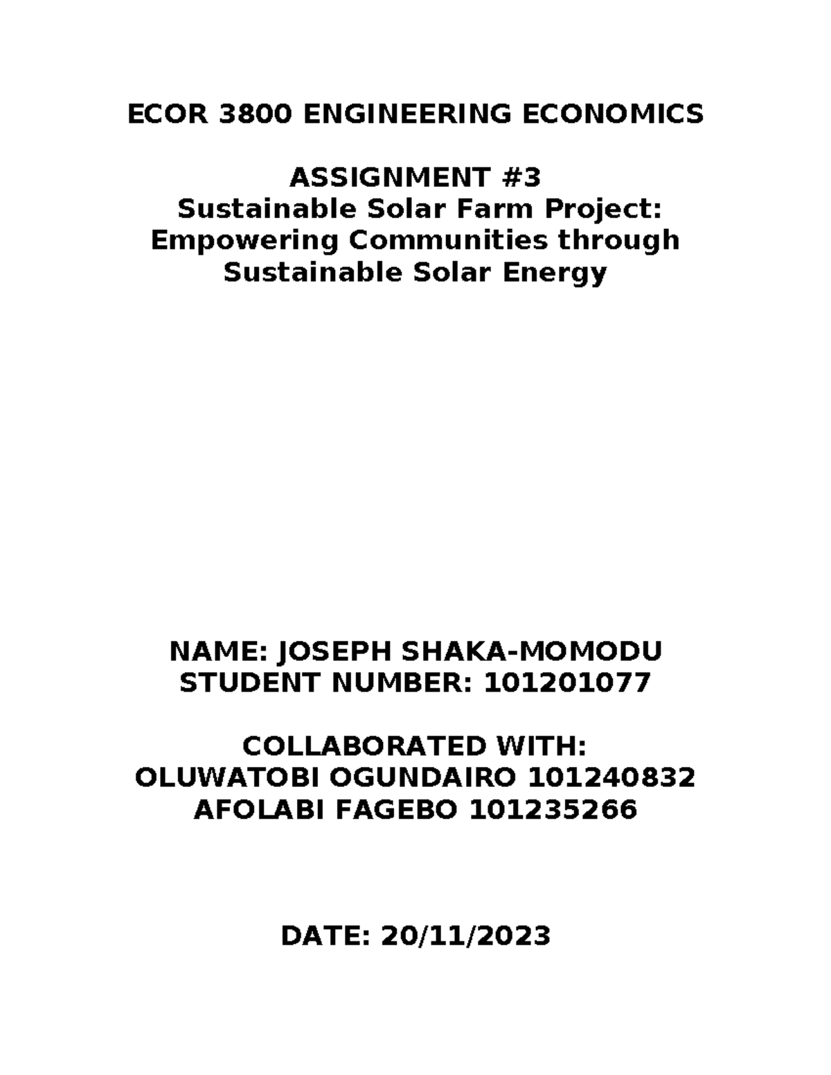 ECOR 3800 Assignment 3 - Useful - ECOR 3800 ENGINEERING ECONOMICS ...