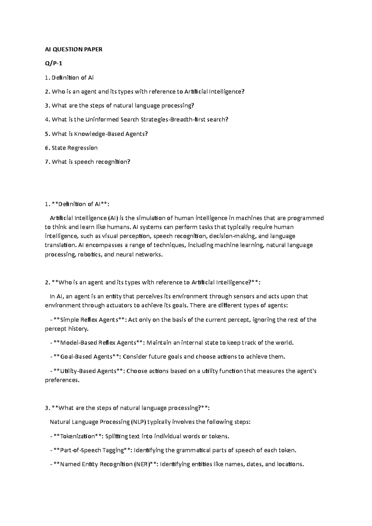 AI Question Paper - AI QUESTION PAPER Q/P- 1 Definition of Al Who is an ...