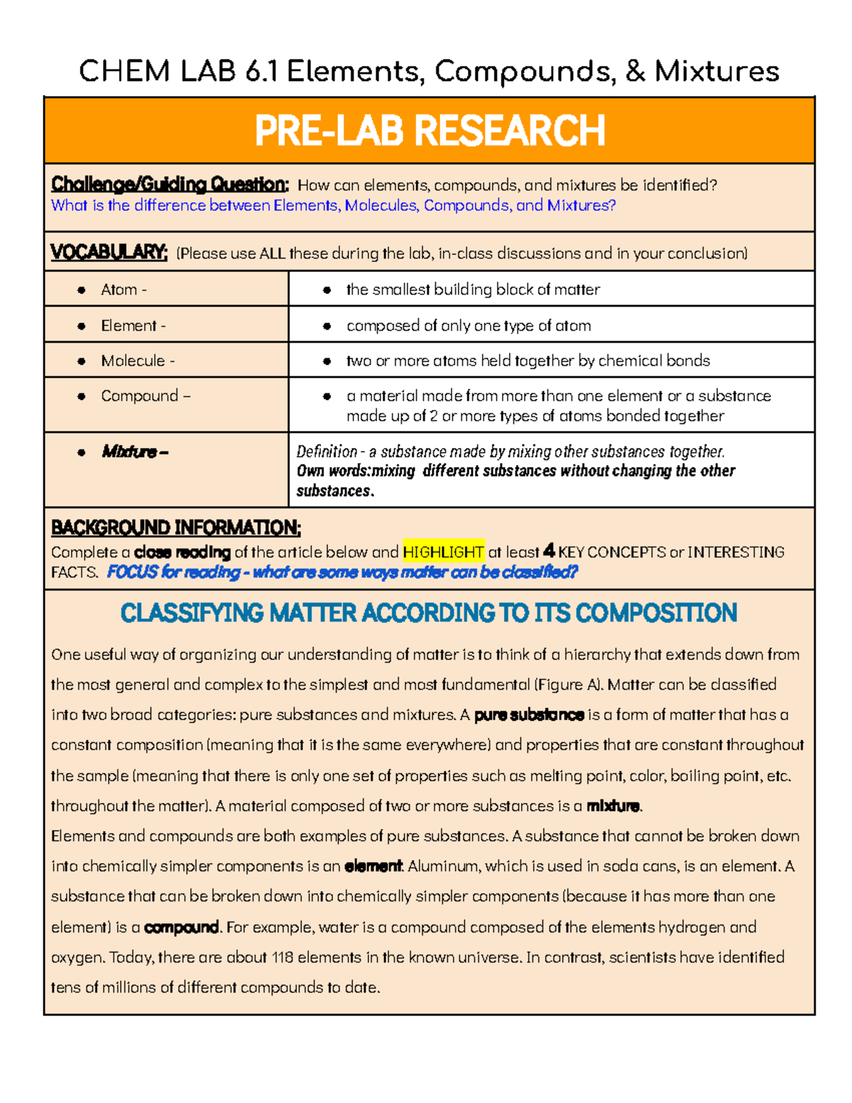 CHEM LAB 6.1 Elements, Compounds, & Mixtures - Payton Krueger - CHEM ...