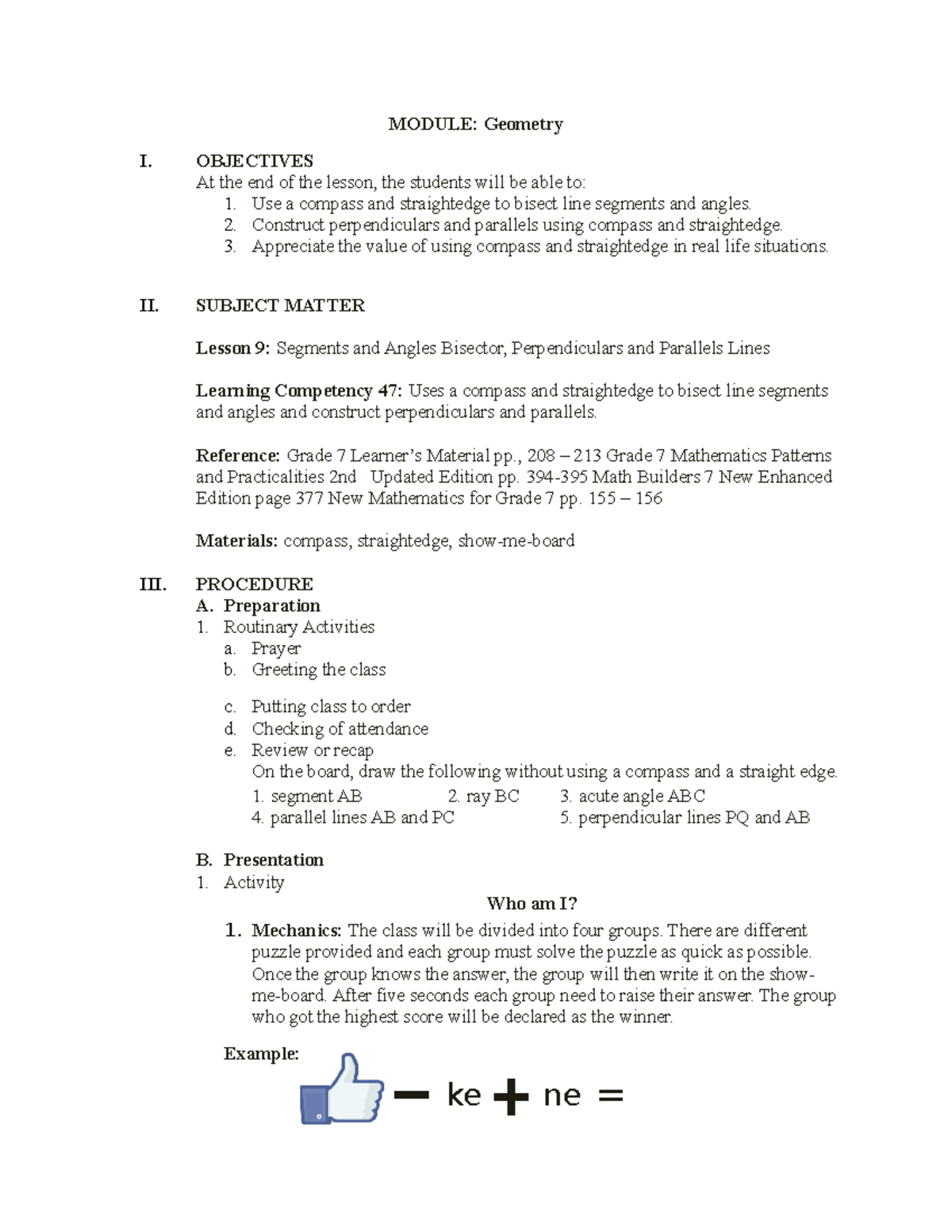 Lesson Plan Bisectors - MODULE: Geometry I. OBJECTIVES At the end of ...