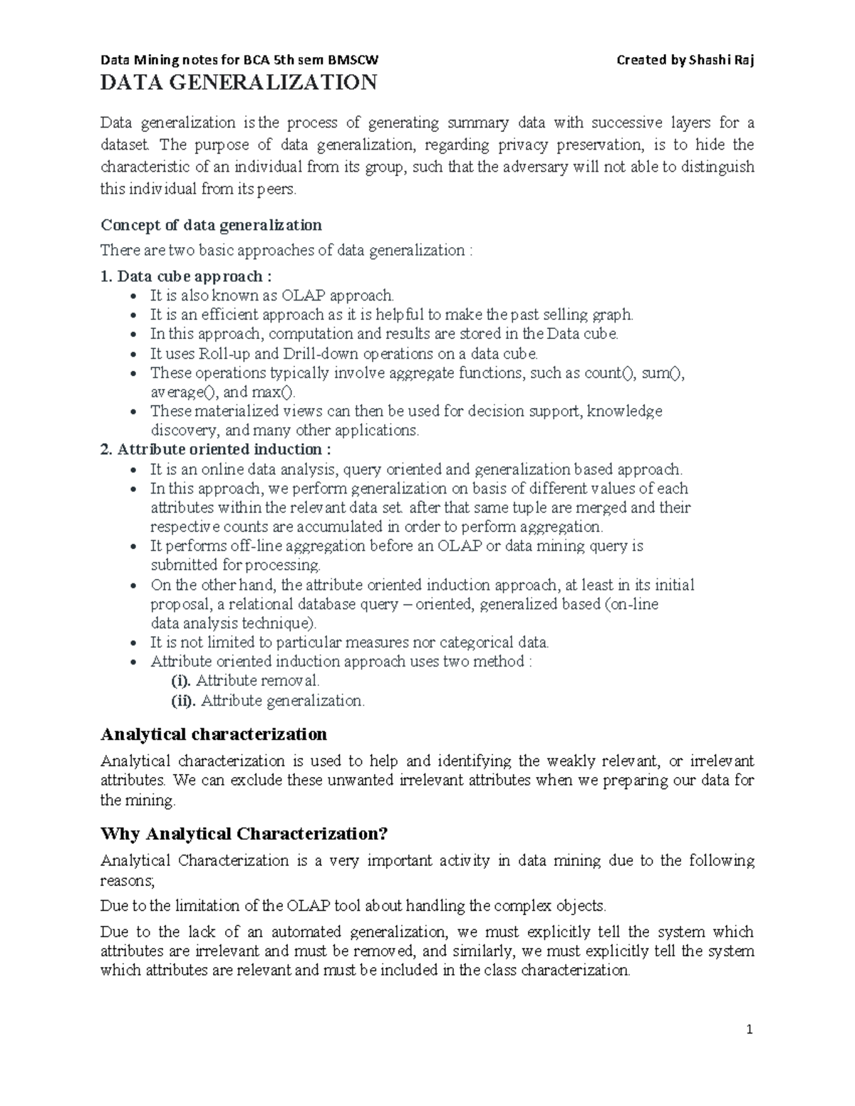 Data mining and data warehouse unit 4 - DATA GENERALIZATION Data ...