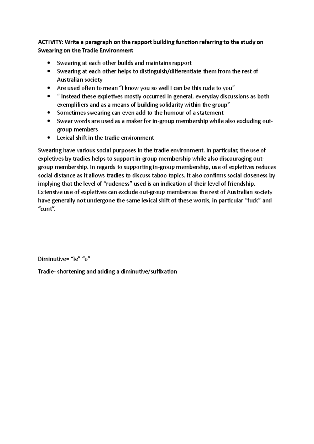 Social Purpose of Swearing for Tradies - ACTIVITY: Write a paragraph on ...