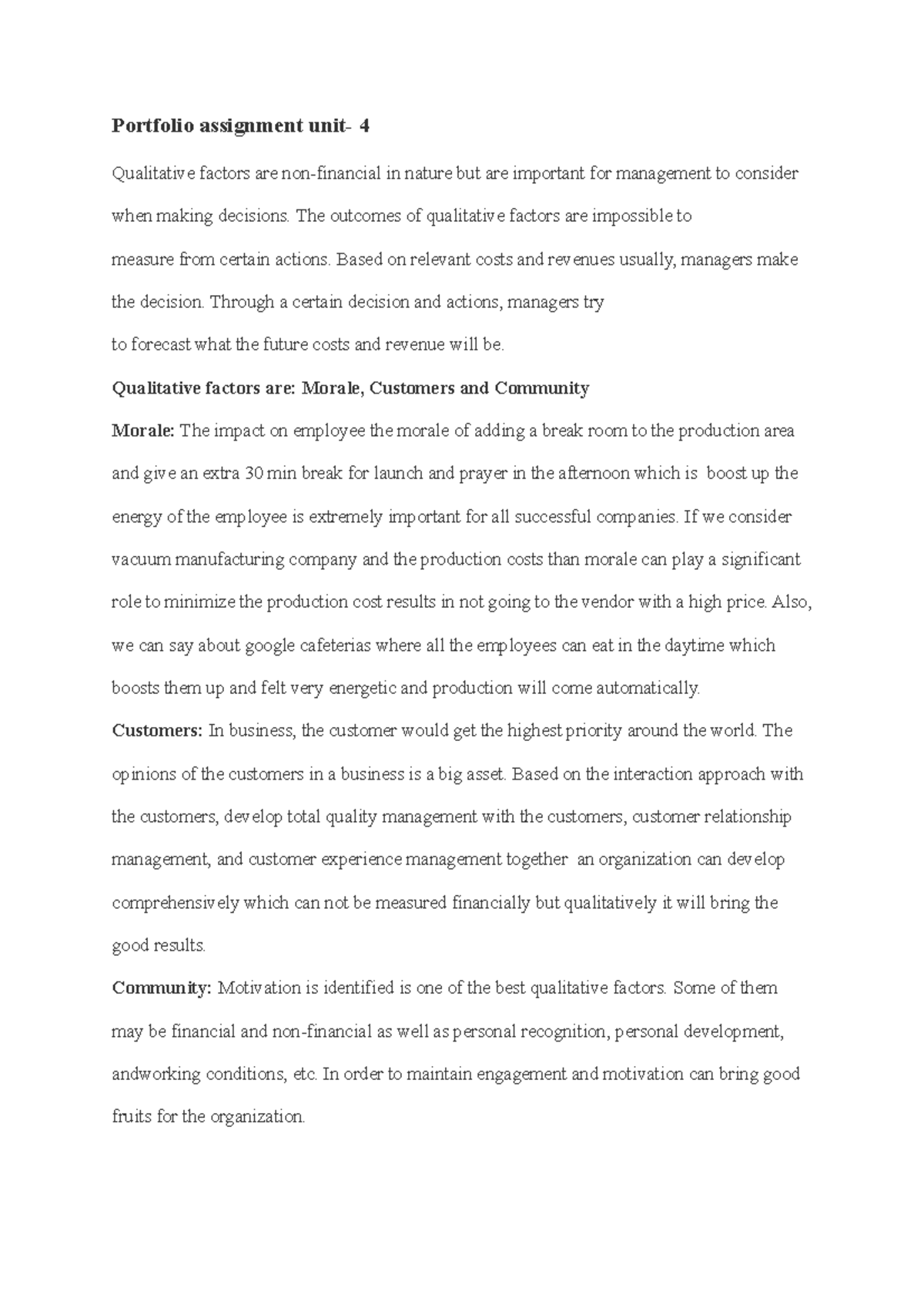 Portfolio assignment unit- 4 - The outcomes of qualitative factors are impossible to measure ...