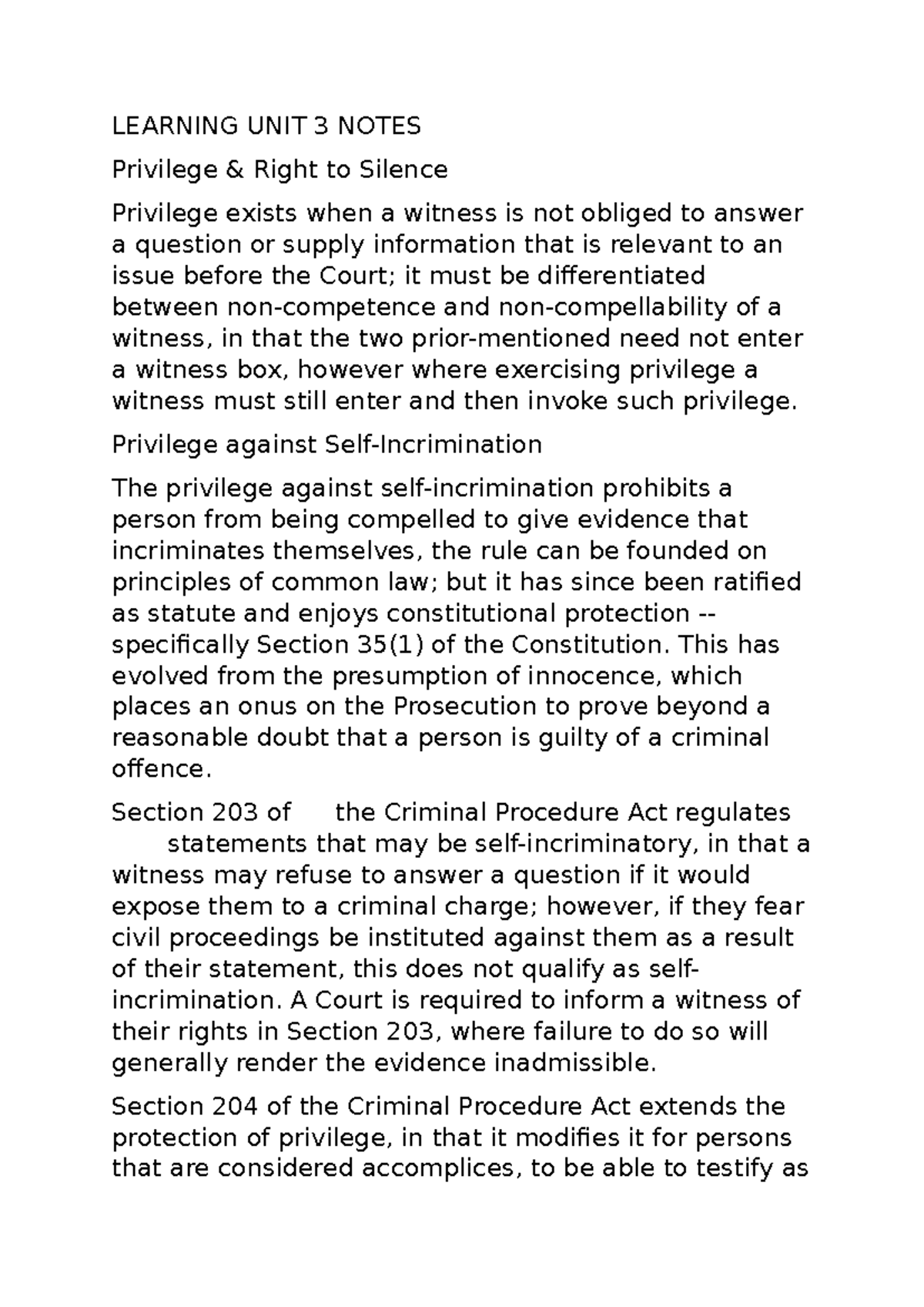 LAEV Learning UNIT 3 Notes - LEARNING UNIT 3 NOTES Privilege & Right to ...