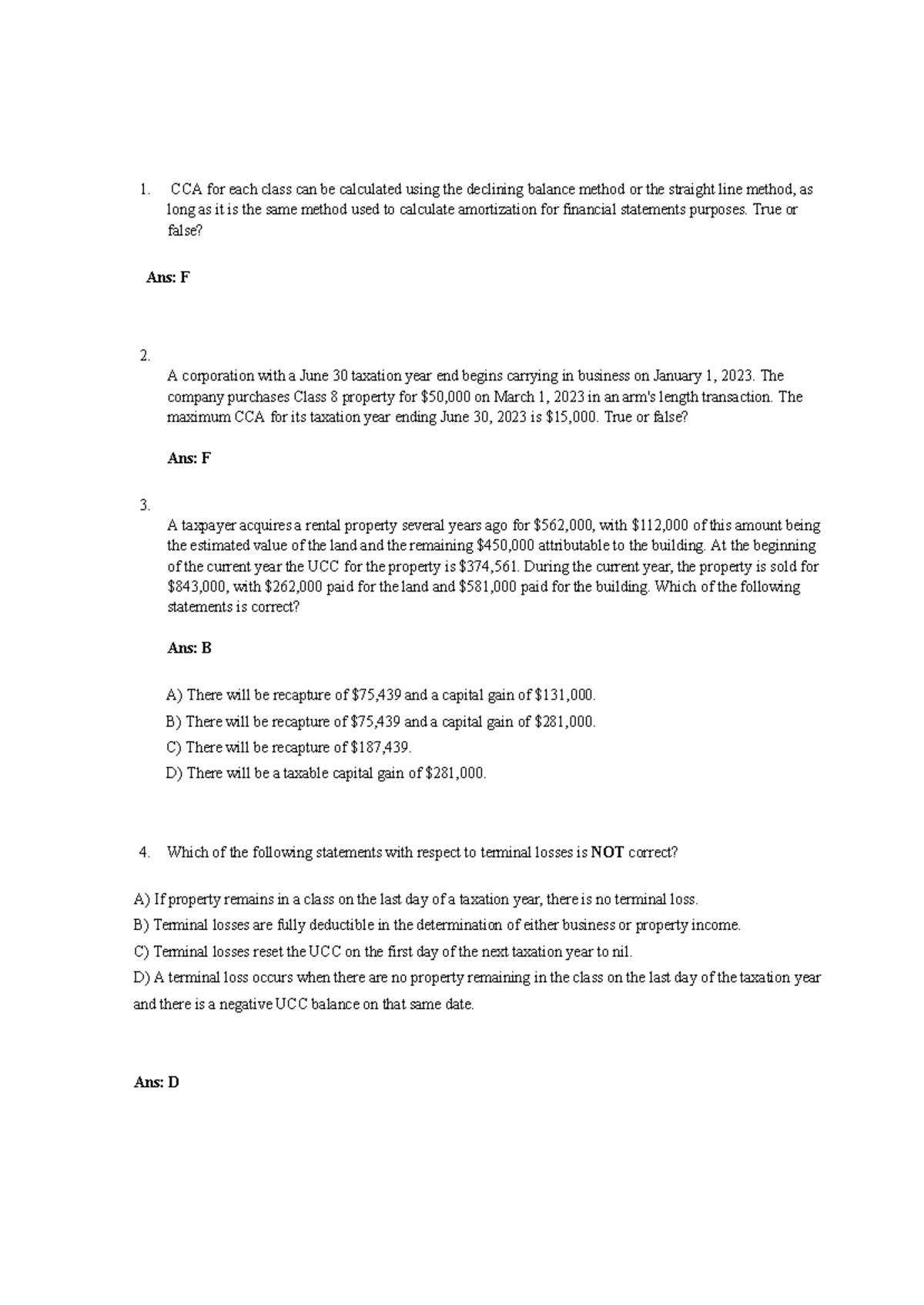 Assignment 4 - CCA for each class can be calculated using the declining balance method or the ...