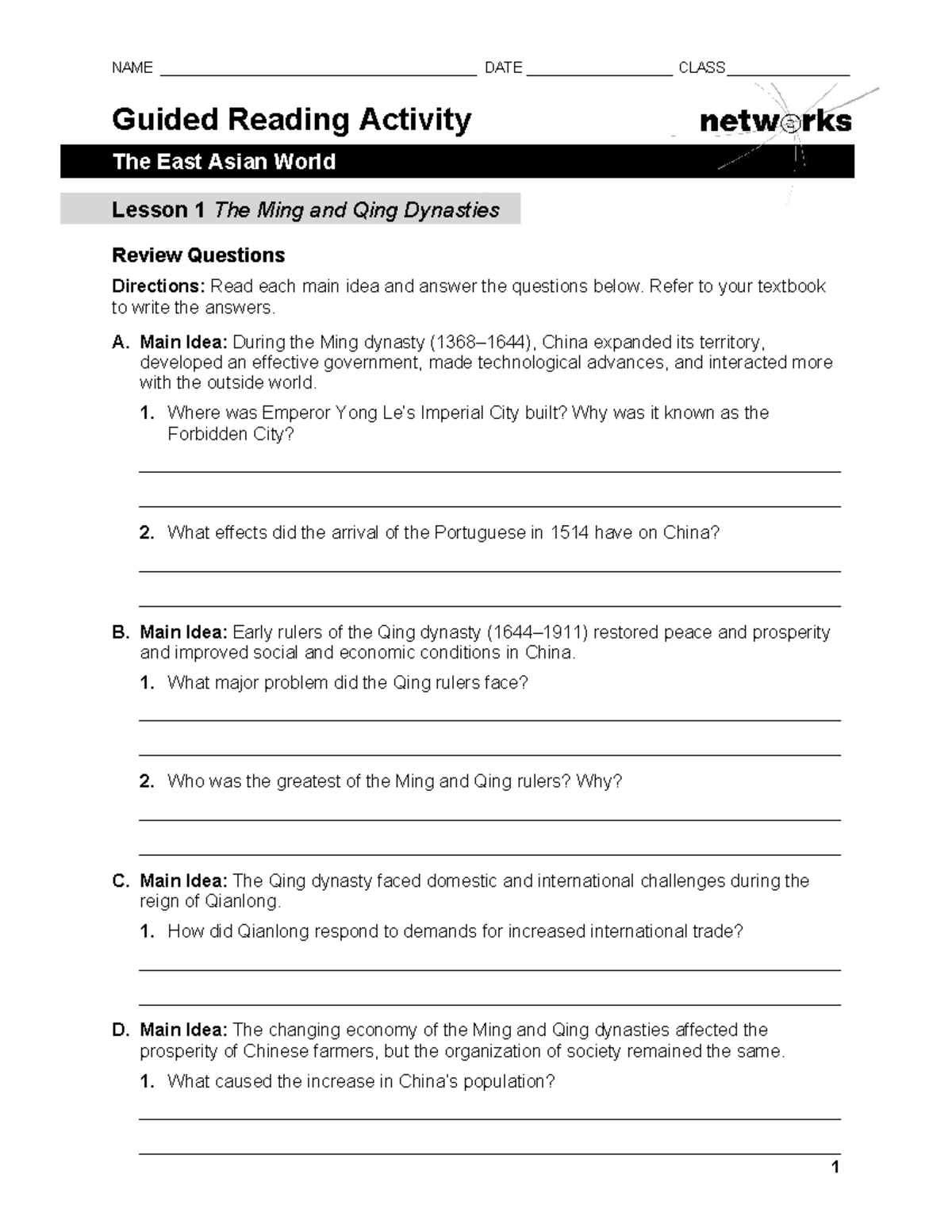 Lesson 1 The Ming and Qing Dynasties Guided Reading Activity Editable ...