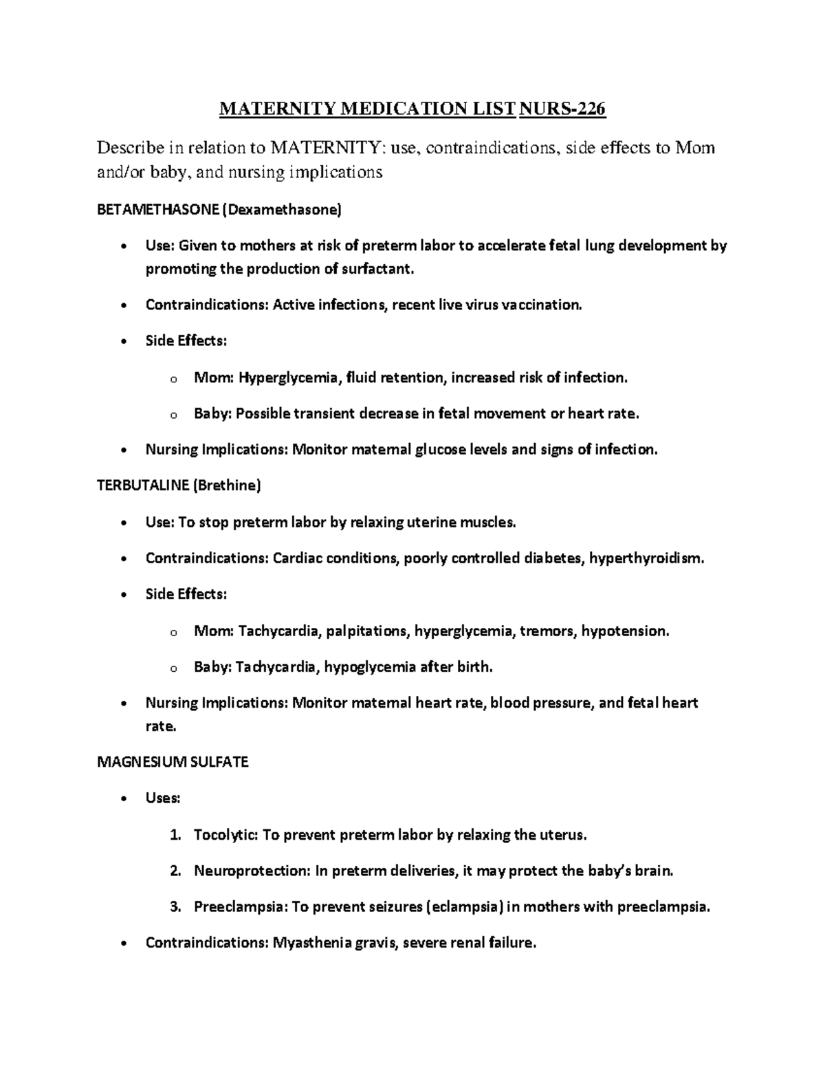 Maternity Medication LIST - MATERNITY MEDICATION LIST NURS- 226 ...