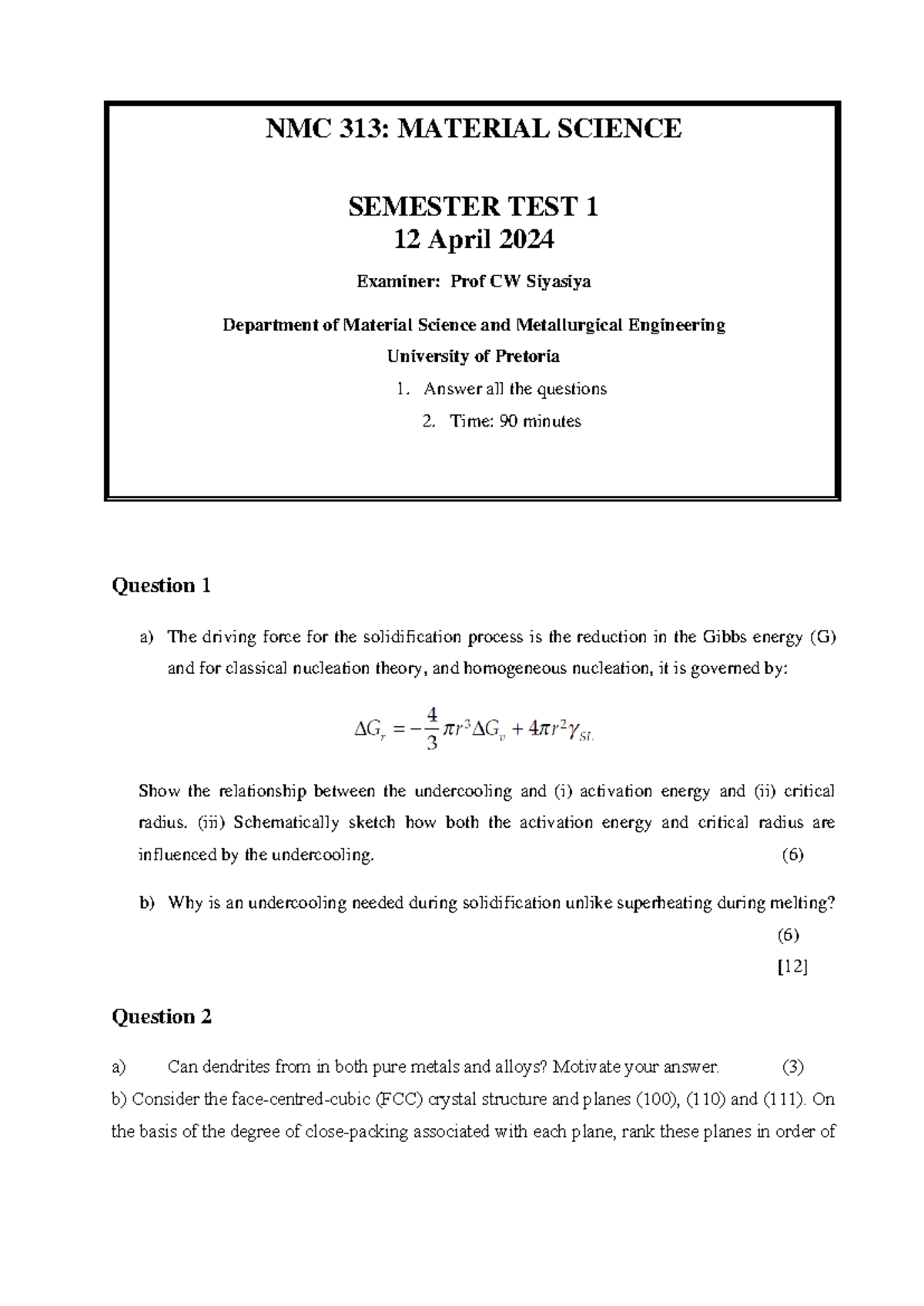 NMC 313 Sem test 1 - NMC 313: MATERIAL SCIENCE SEMESTER TEST 1 12 April ...