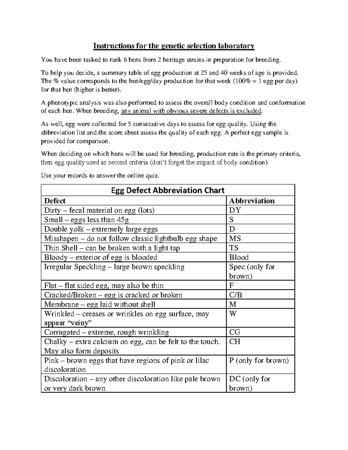 Instructions and score sheet for the genetic selection laboratory ...