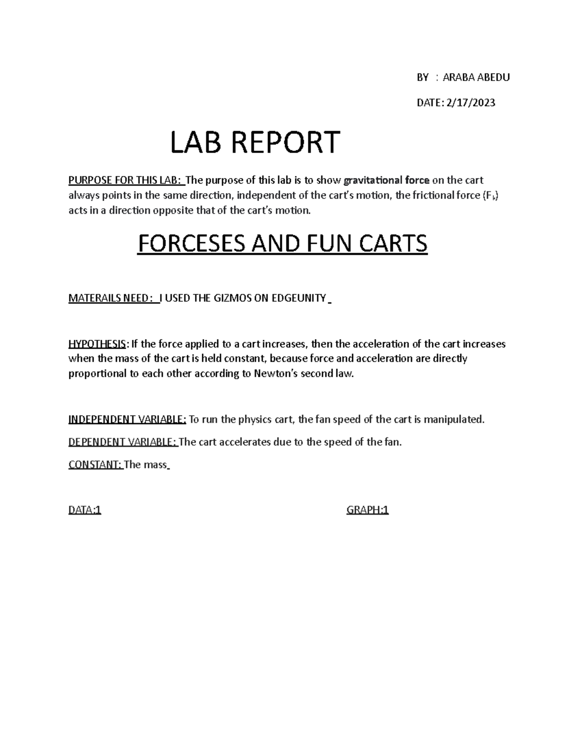 Edgenuniyu - Physics lab report - BY ：ARABA ABEDU DATE: 2/17/ LAB ...