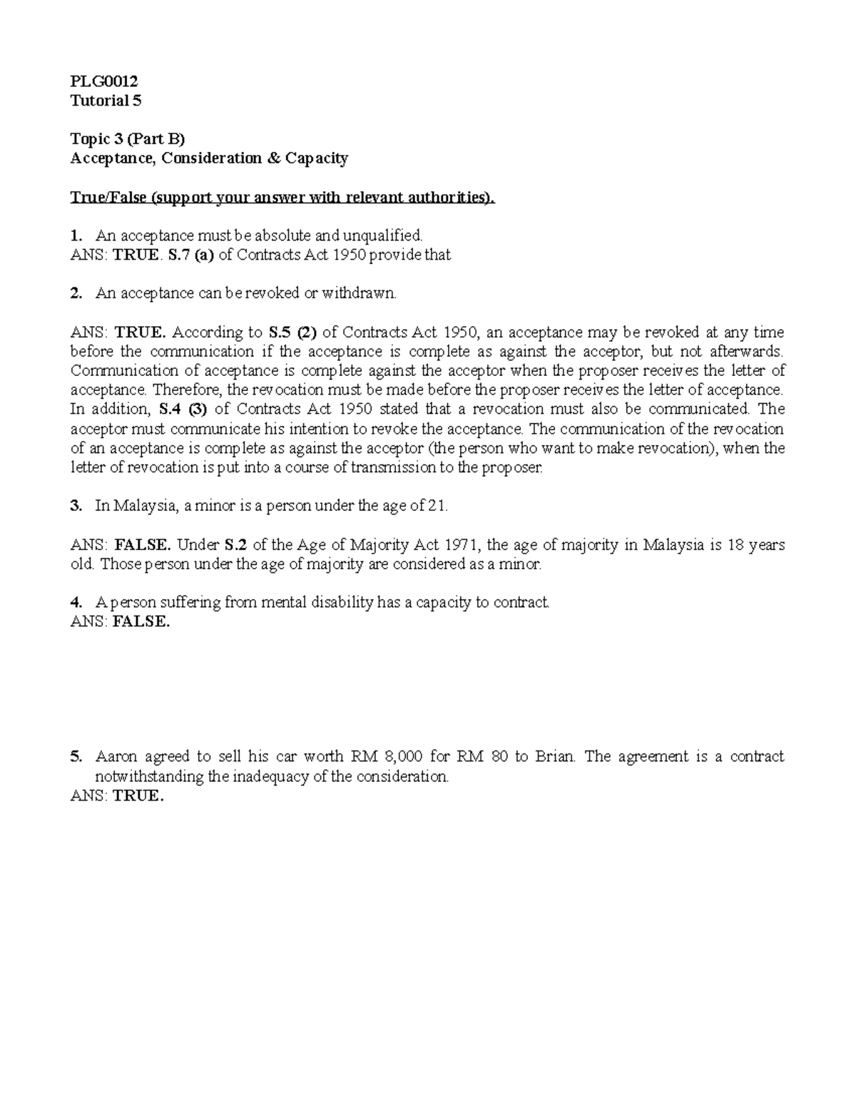 384435 TUT 5 - Topic 3 (PART B) - PLG Tutorial 5 Topic 3 (Part B) Acceptance, Consideration ...