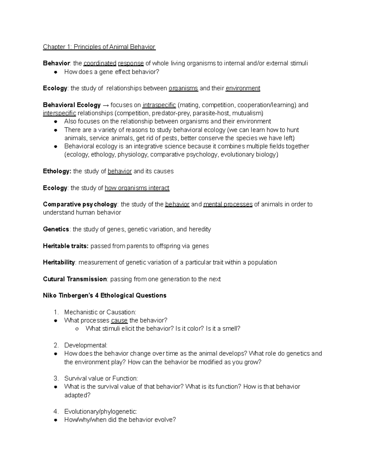 Chapter 1 (Ecology) - Chapter 1: Principles of Animal Behavior Behavior ...