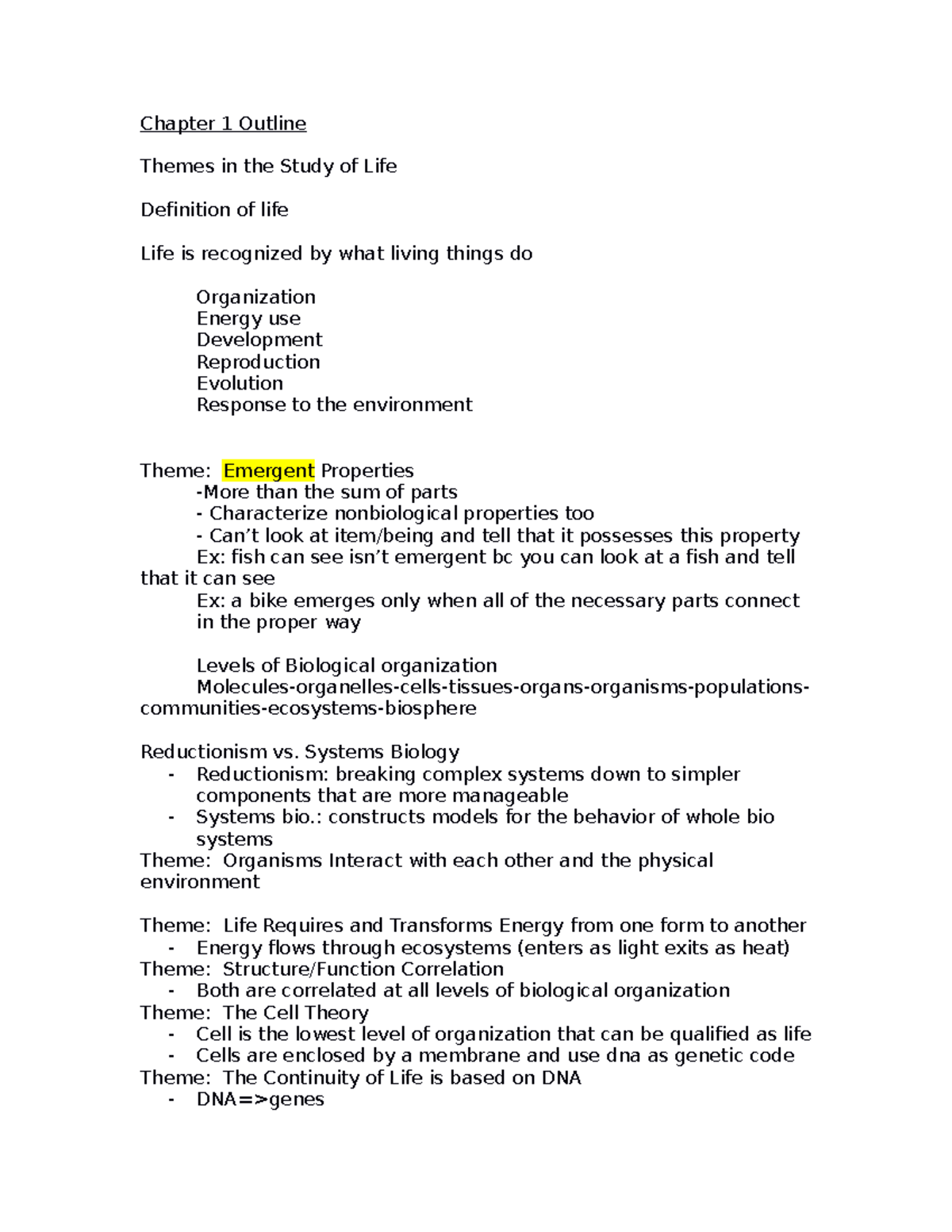 Chapter 1 Outline - Chapter 1 Outline Themes in the Study of Life Definition of life Life is ...