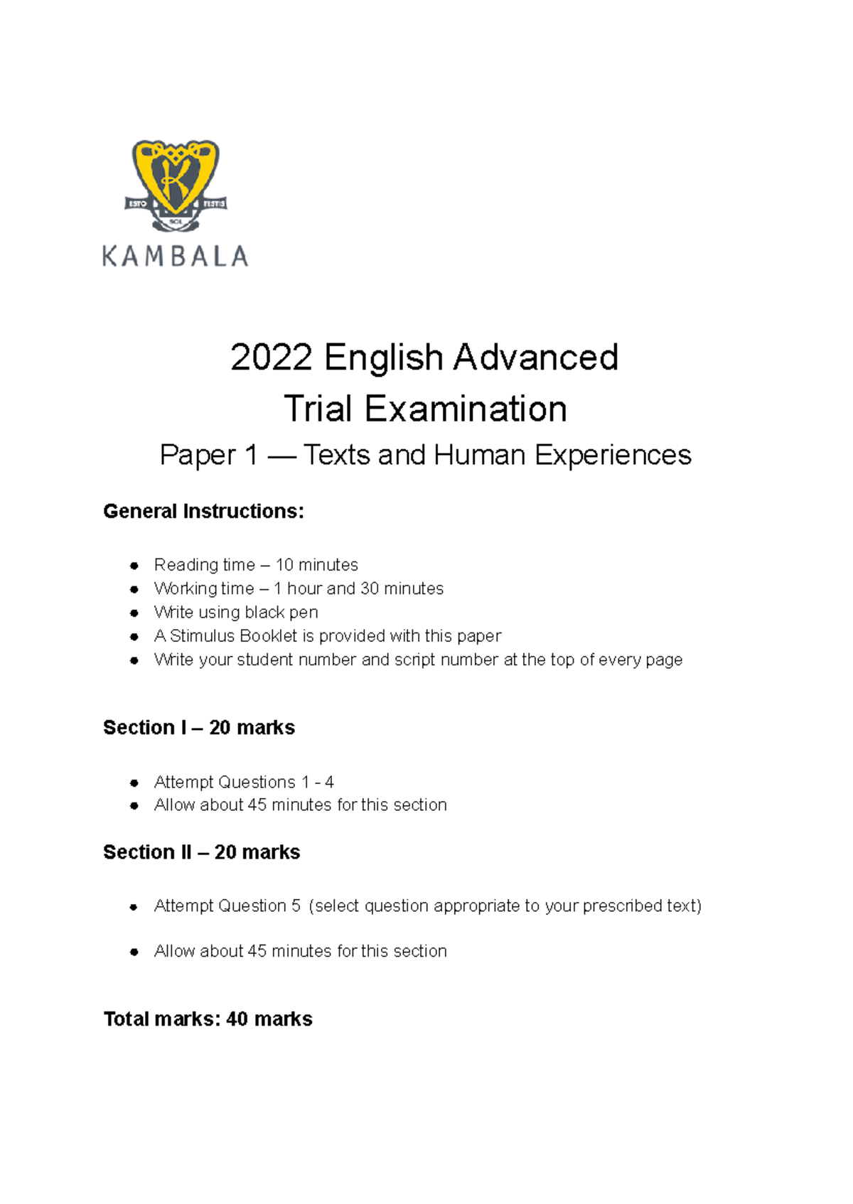Kambala 2022 Paper 1 Trials Advanced Question Booklet - 2022 English ...