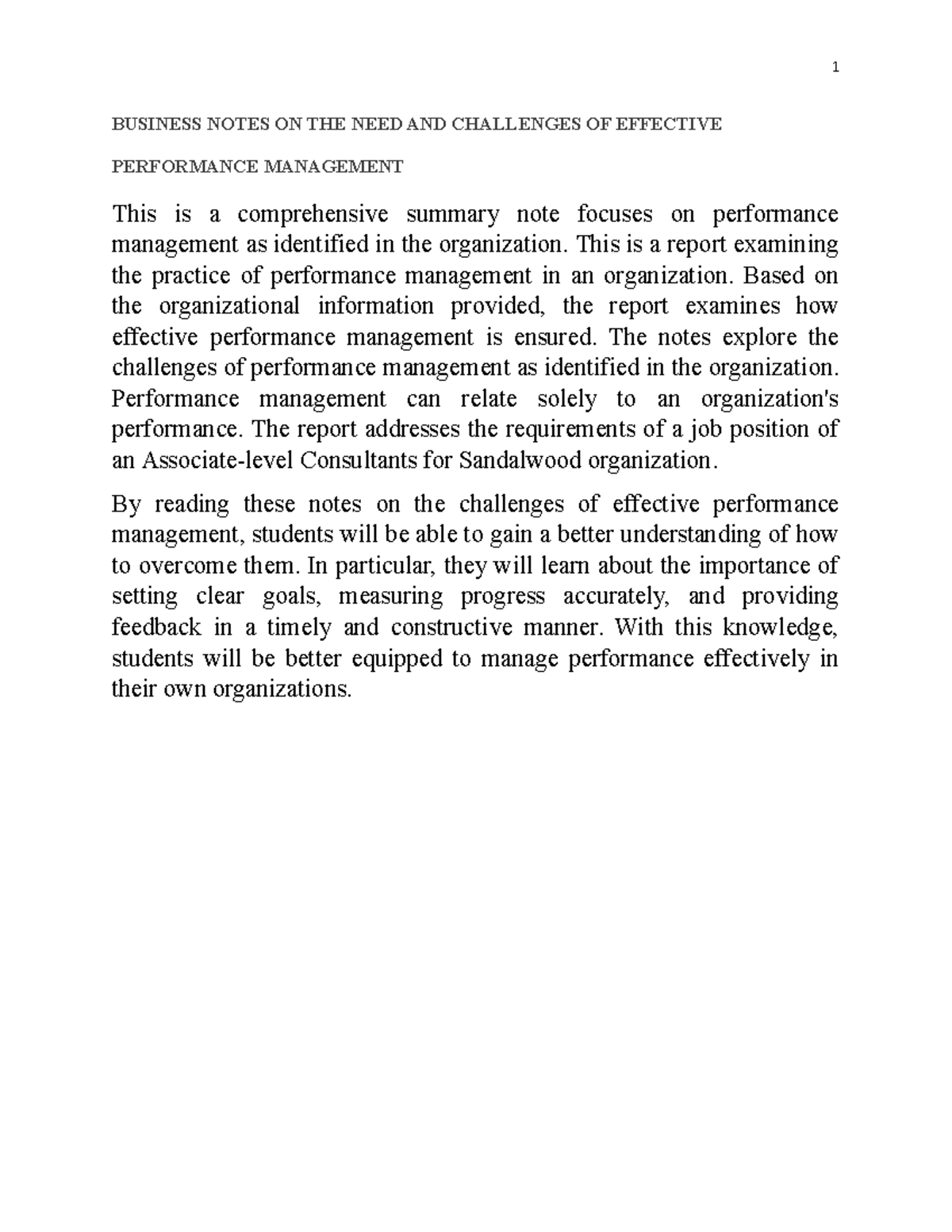 Business Notes ON THE NEED AND Challenges OF Effective Performance ...