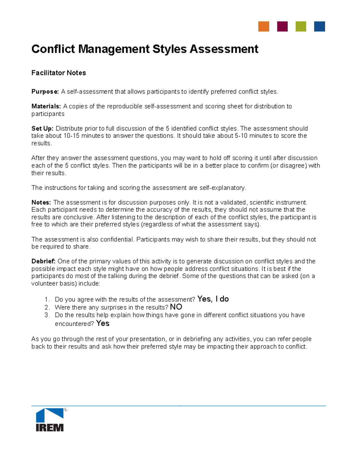 Activity Conflict Management Styles Assessment - Facilitator Notes ...