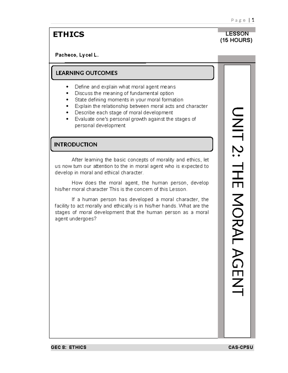GEC Module on Ethics Unit 2 Lesson 3 - ETHICS Define and explain what ...
