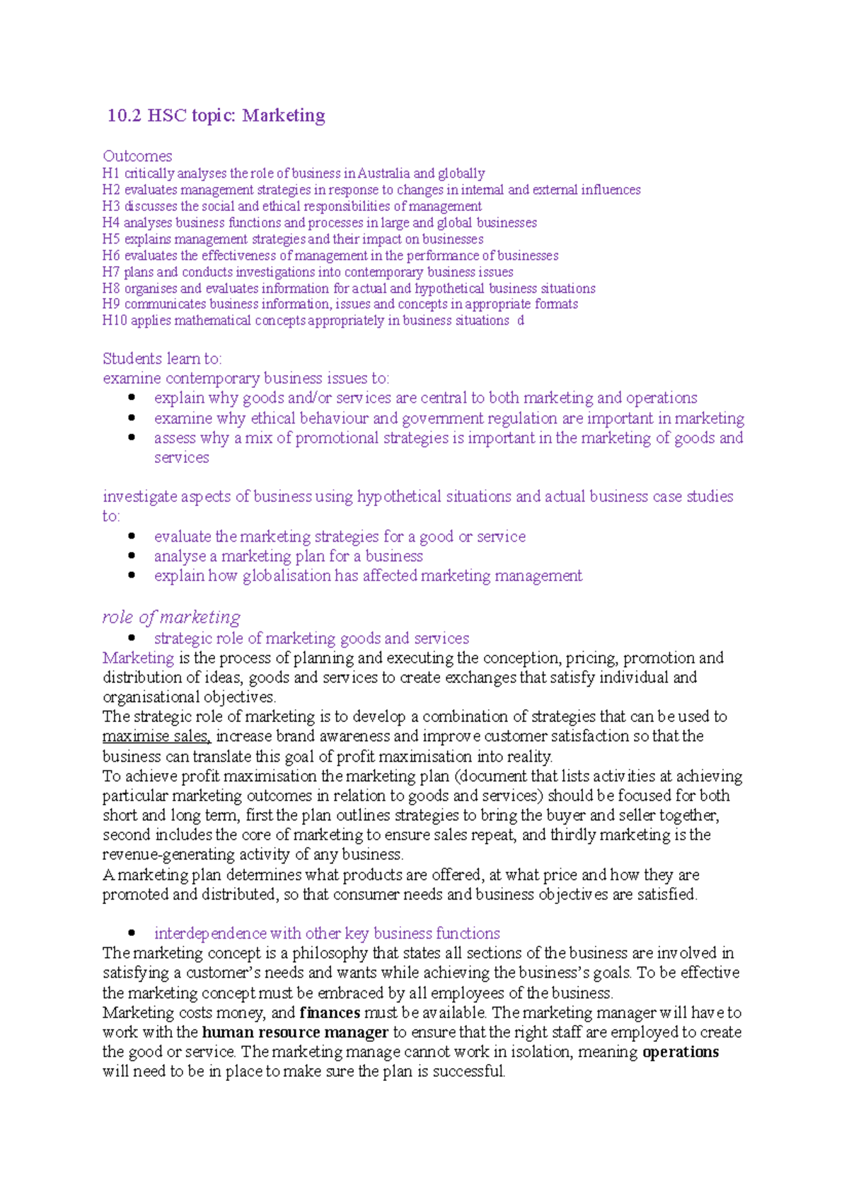 Marketing notes - 10 HSC topic: Marketing Outcomes H1 critically ...