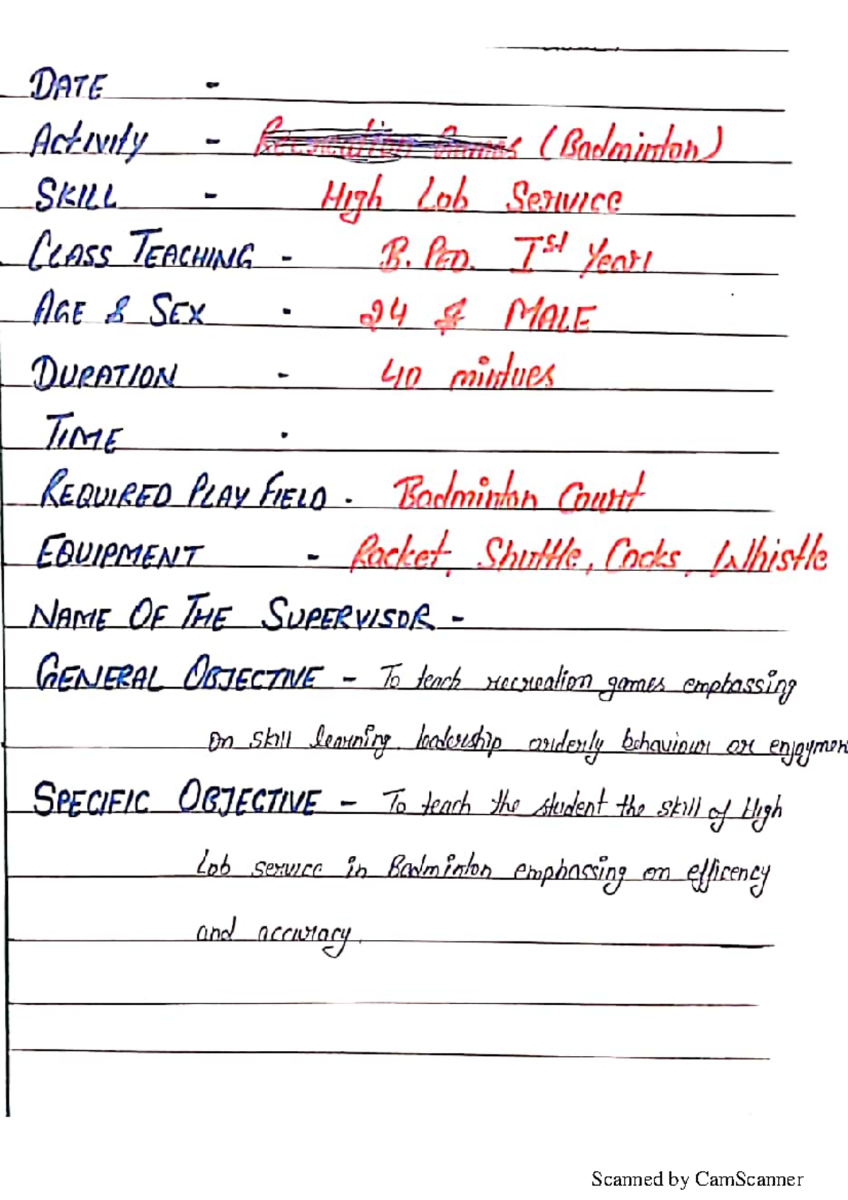 Badminton teaching lesson plan-1 - DATE Activity Present (Badminton ...