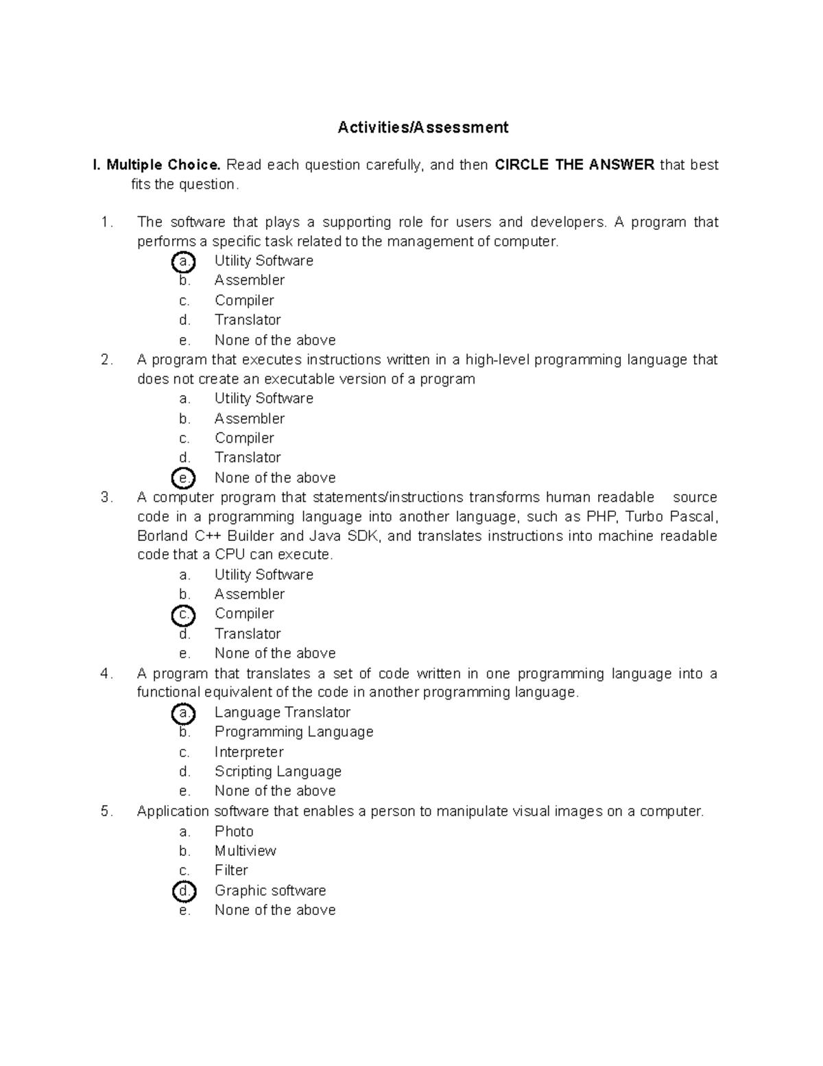 Software Assesment - Introduction to computing assessment - Activities ...