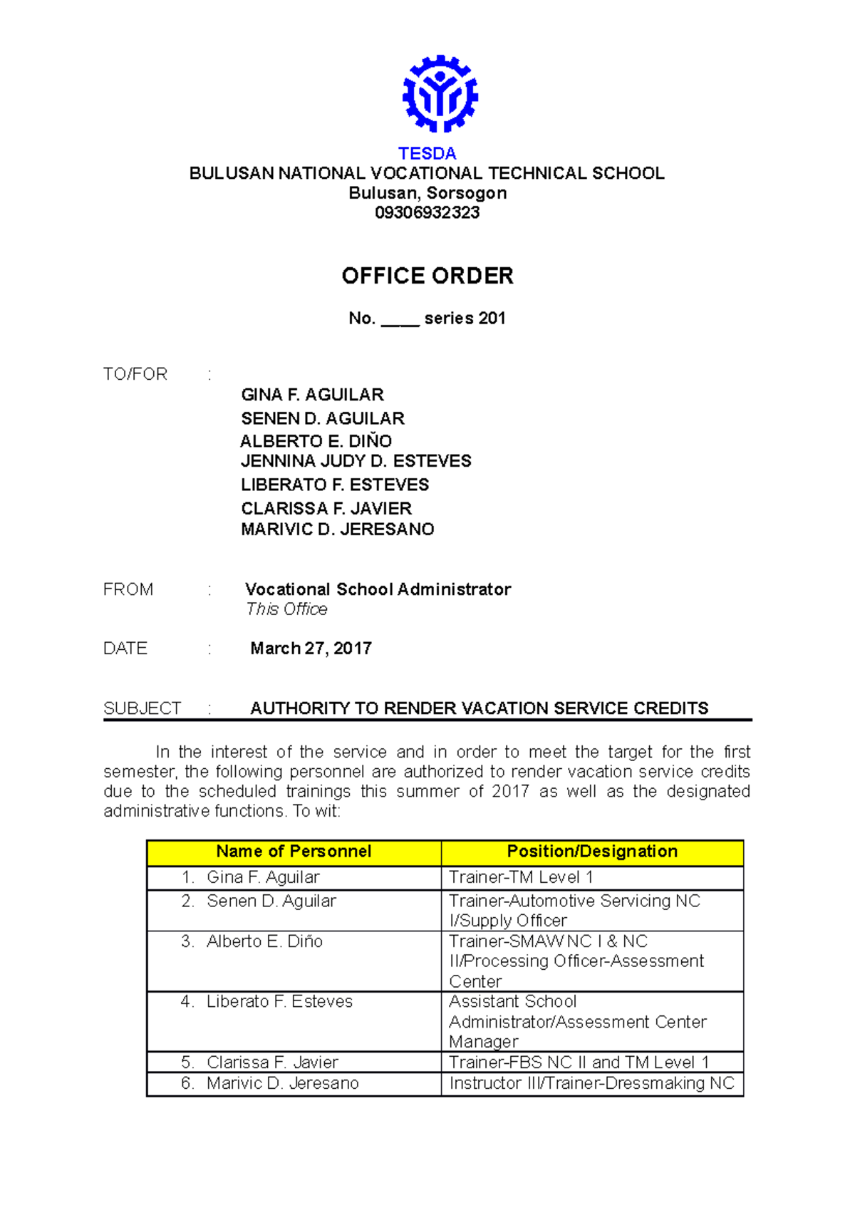 2017 memo - MEMO - TESDA BULUSAN NATIONAL VOCATIONAL TECHNICAL SCHOOL ...