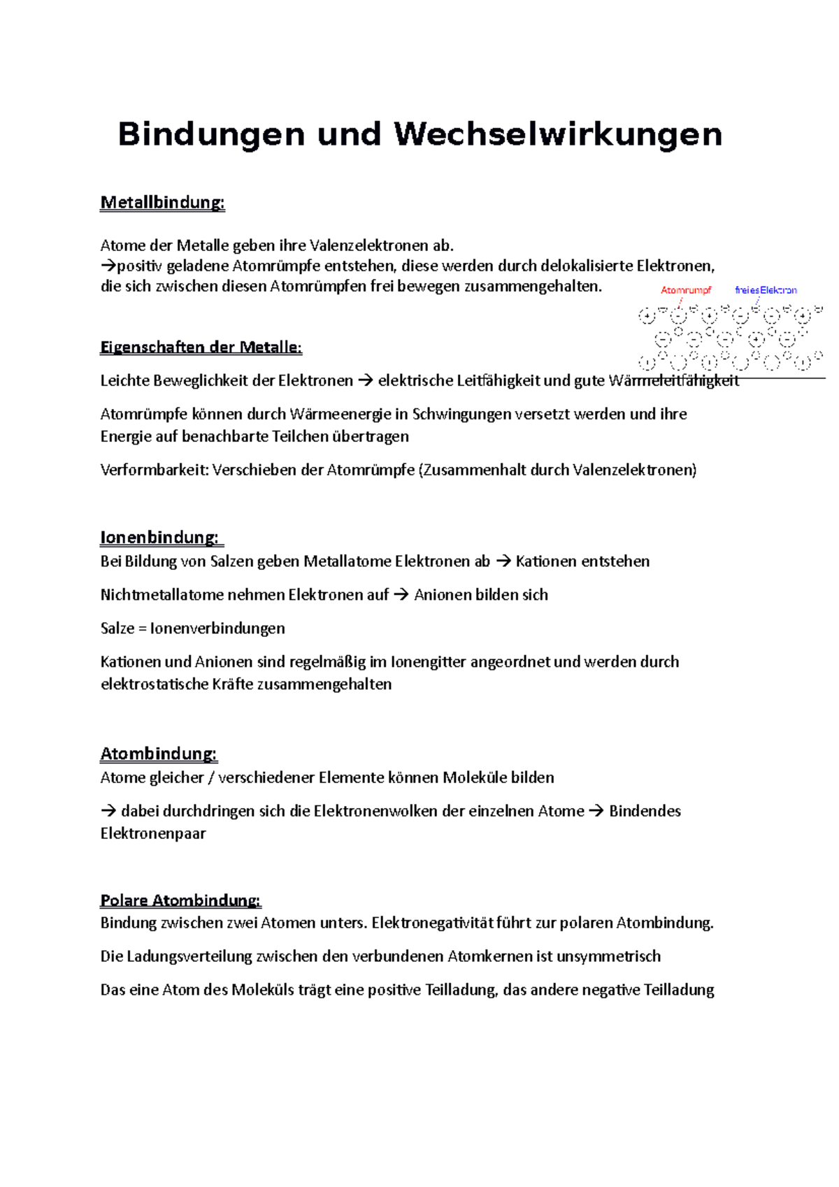 Bindungen und Wechselwirkungen Zusammenfassung - Bindungen und Wechselwirkungen Metallbindung ...