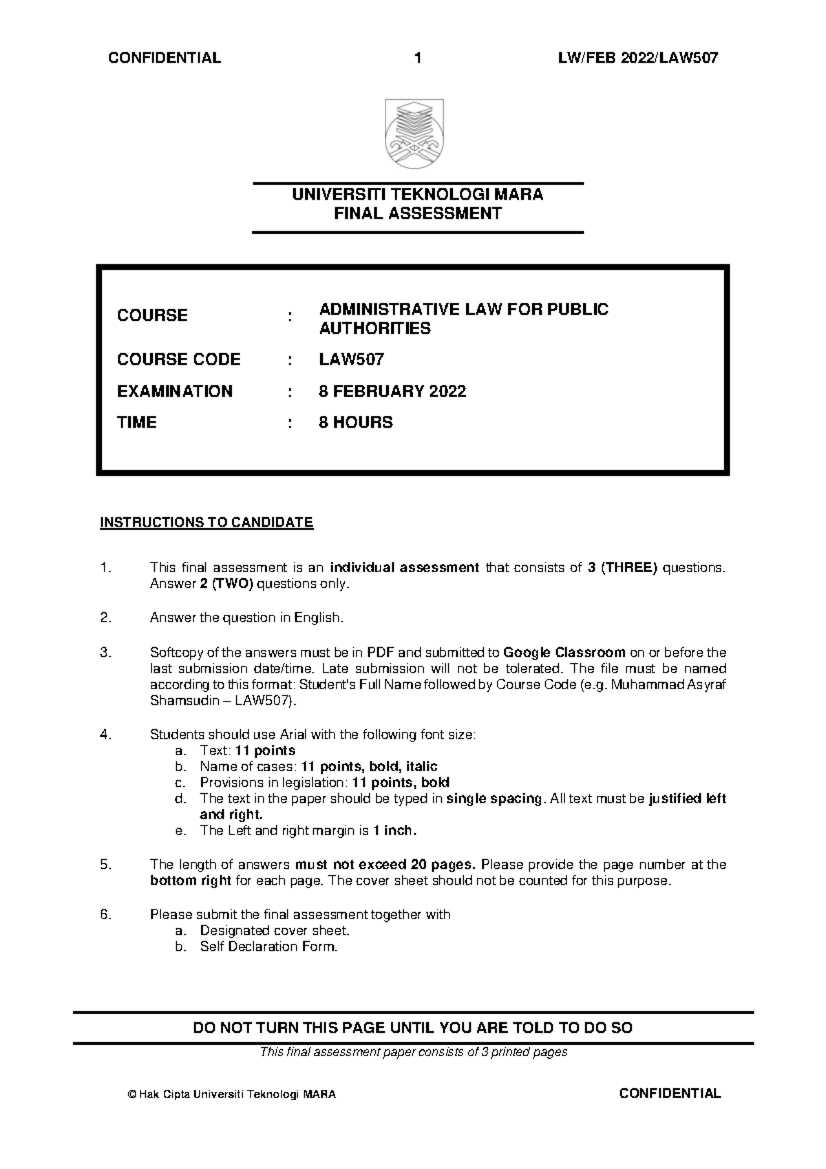 LAW507 S1 2022 - Past year paper - CONFIDENTIAL 1 LW/FEB 2022/LAW © Hak ...