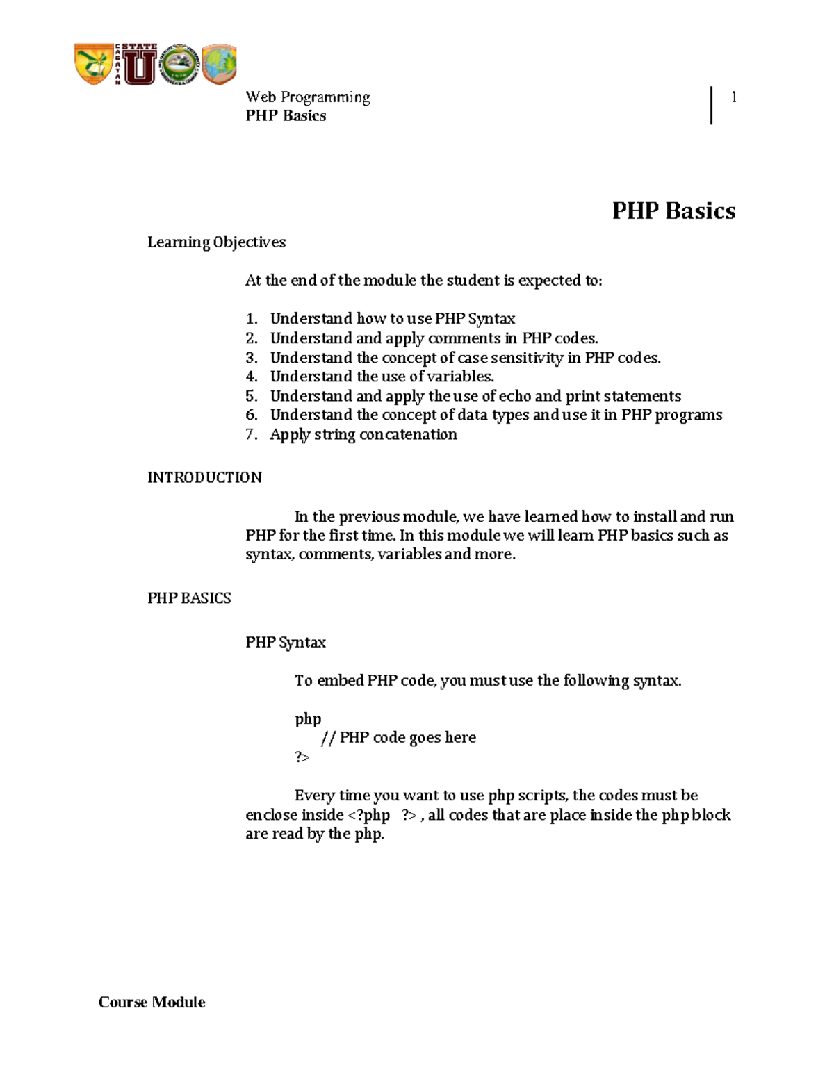 Week002 Module - FOR PHP - PHP Basics PHP Basics Learning Objectives At ...