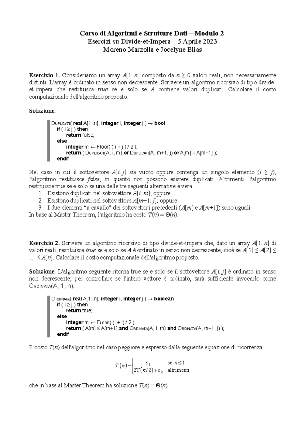 L05 3 esercizi divide et impera risolti - Corso di Algoritmi e ...