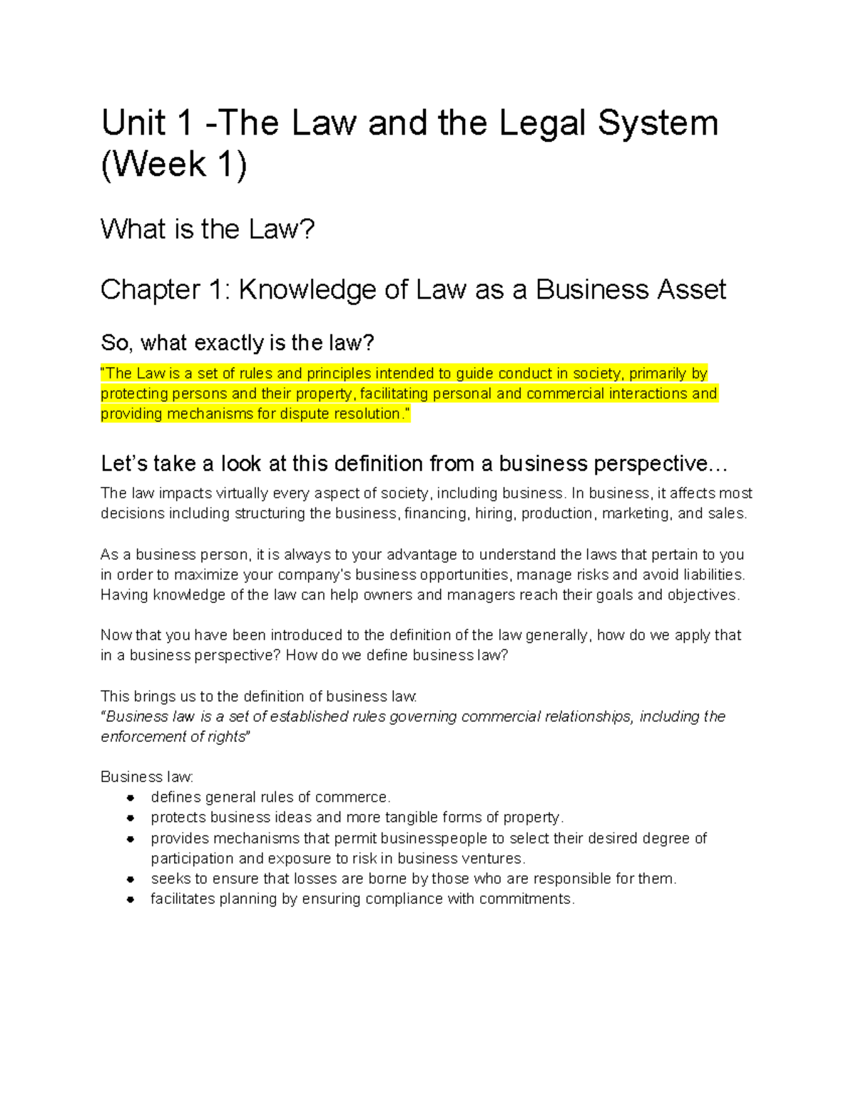 BUSN 331 Unit 1 - Unit 1 -The Law and the Legal System (Week 1) What is ...