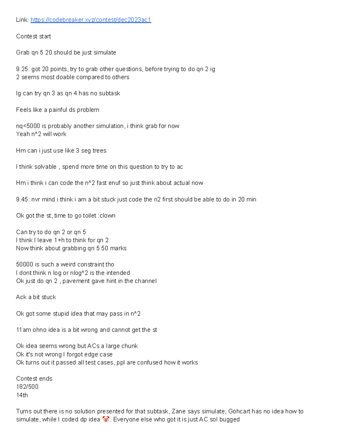 Contest log Deccourse contest 1 - Link: codebreaker/contest/dec2023ac ...