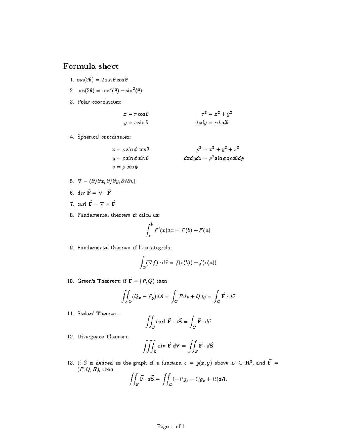 2x03 formula sheet - dfgdfhdh - Formula sheet sin(2θ) = 2 sin θ cos θ ...