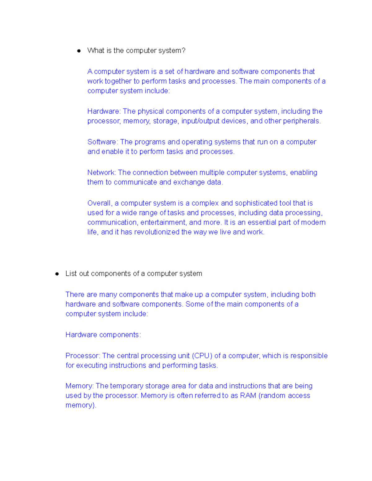 Computer Science Notes Questions What Is The Computer System A Computer System Is A Set Of