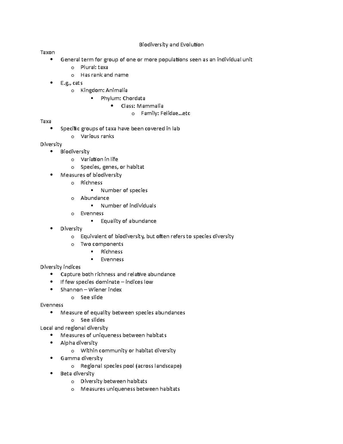 7. Biodiversity - Lecture notes 7 - Biodiversity and Evolution Taxon ...