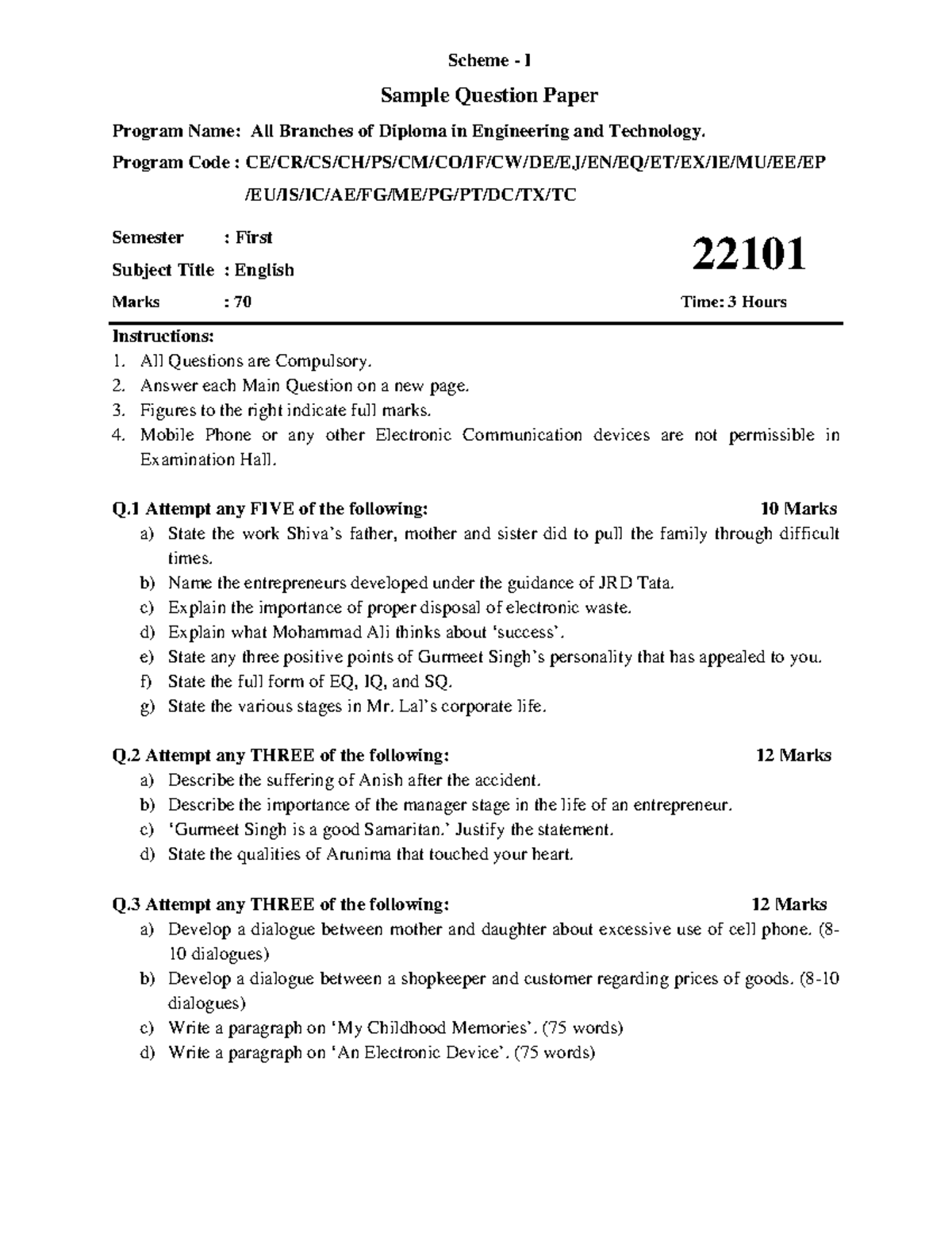 22101-English Sample Question Paper 22082017 - Scheme - I Sample ...