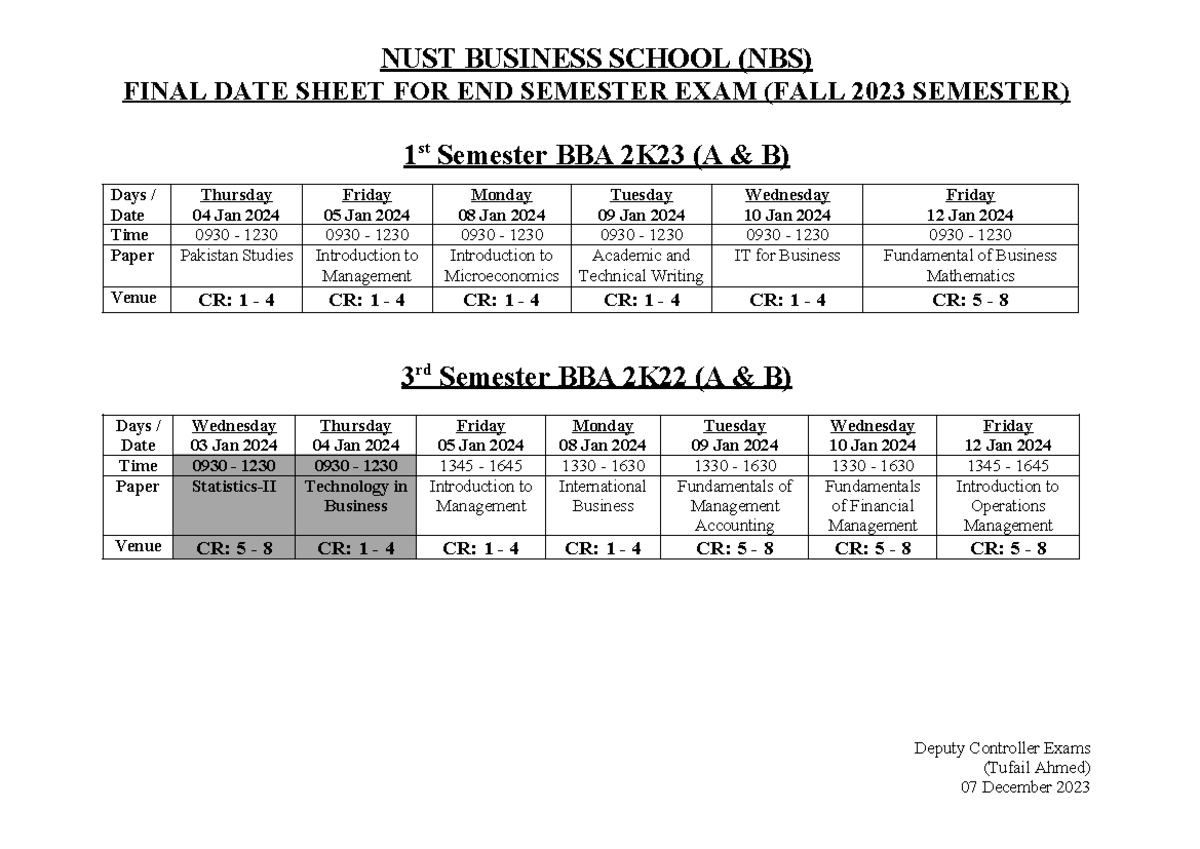 DATE Sheet END Semester - FALL 2023 - FINAL DATE SHEET FOR END SEMESTER EXAM (FALL 2023 SEMESTER ...