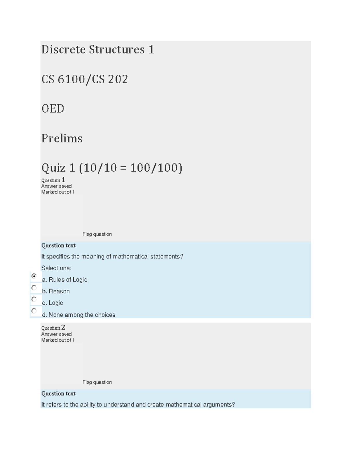 CS 6100 OED Answers Compilation - Discrete Structures 1 CS 6100/CS 202 OED Prelims Quiz 1 ( 10 / ...