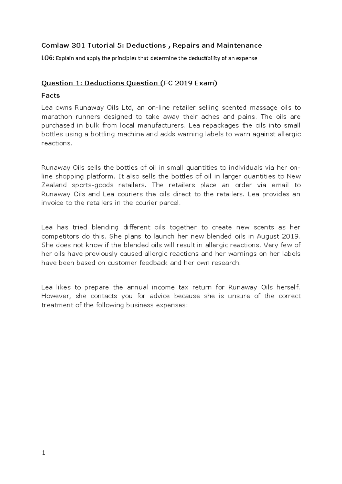 Tutorial 5 - Deductions - Student worksheet - Comlaw 301 Tutorial 5 ...