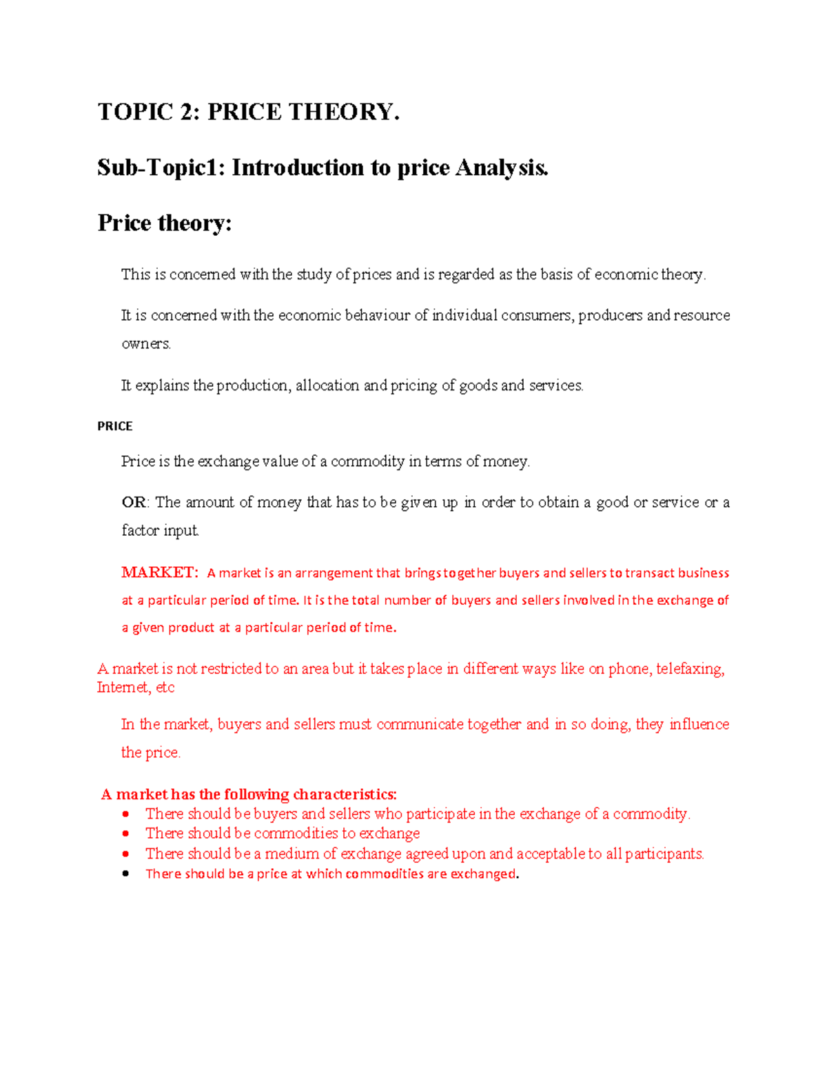 Price analysis - TOPIC 2: PRICE THEORY. Sub-Topic1: Introduction to ...