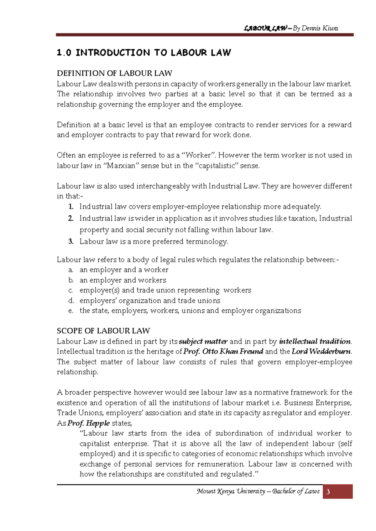Labour Law General Notes By Dennis Kiura - 1 INTRODUCTION TO LABOUR LAW ...