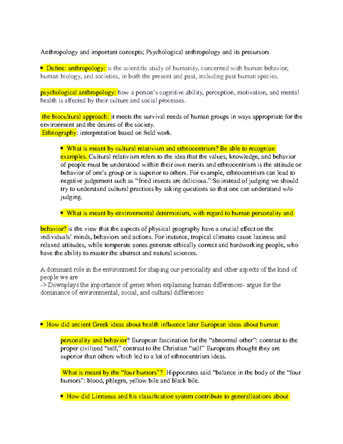 Study guide - N/A - Anthropology and important concepts; Psychological ...
