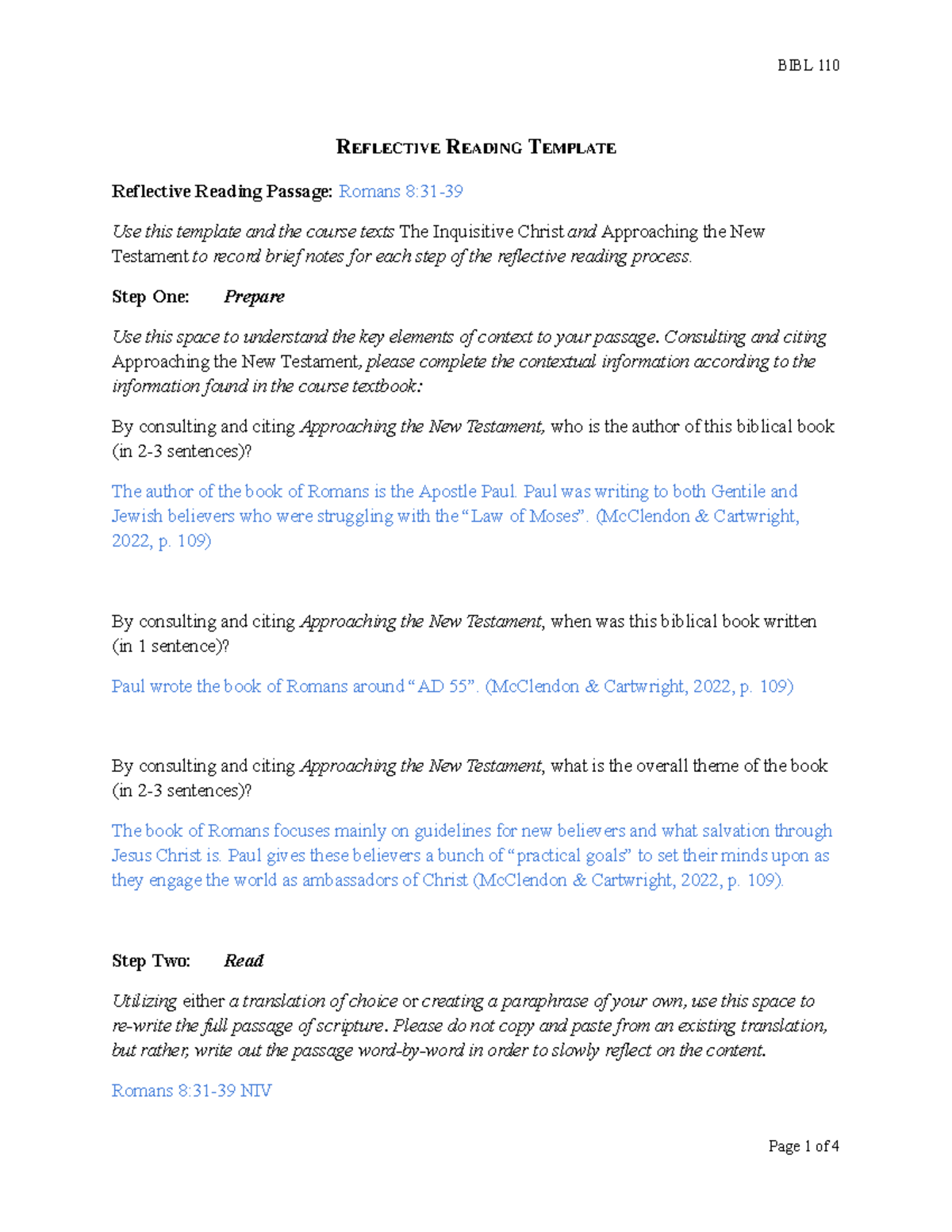 Romans Reflective Reading Assignment - REFLECTIVE READING TEMPLATE ...