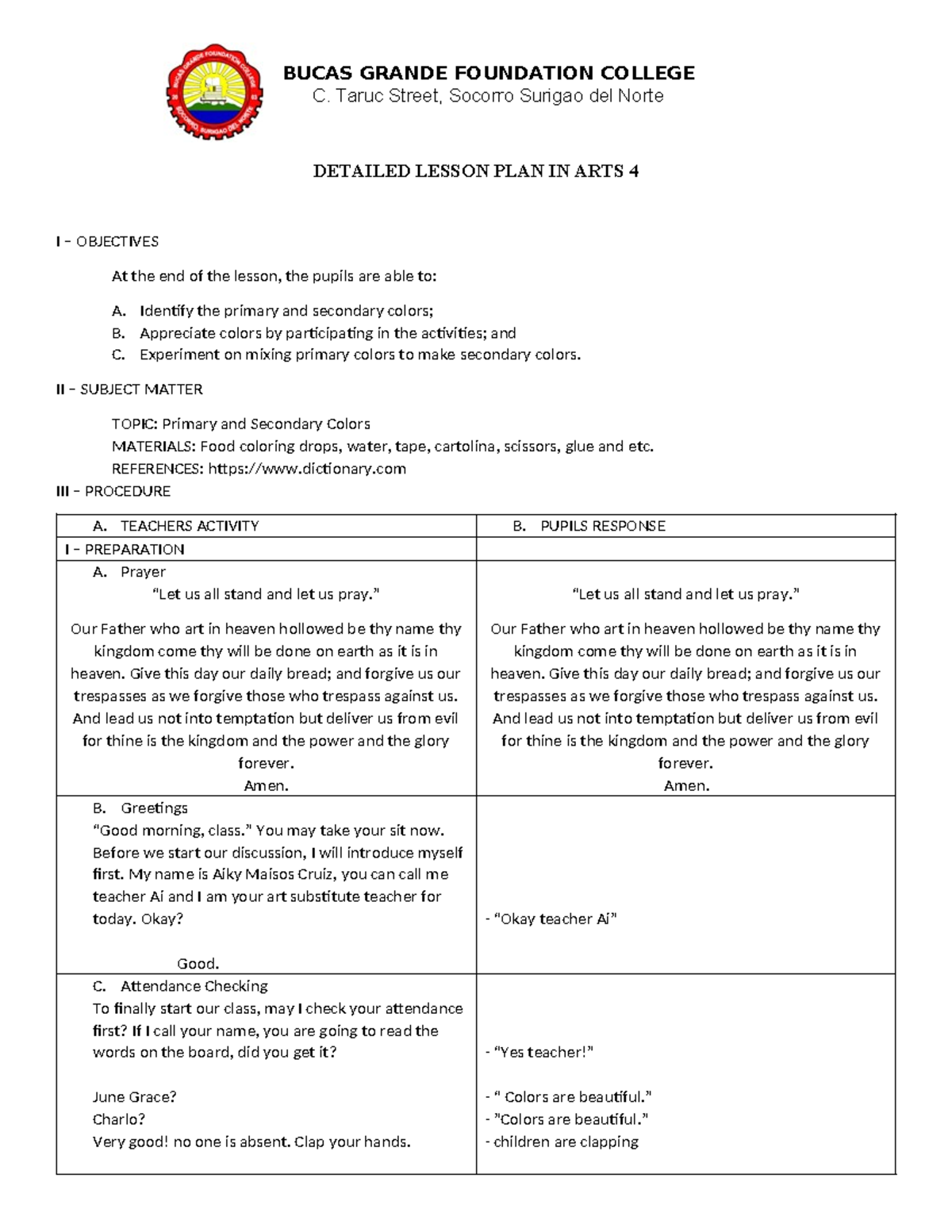 Mae Detailed-Lesson-Plan-in-Arts - DETAILED LESSON PLAN IN ARTS 4 I ...