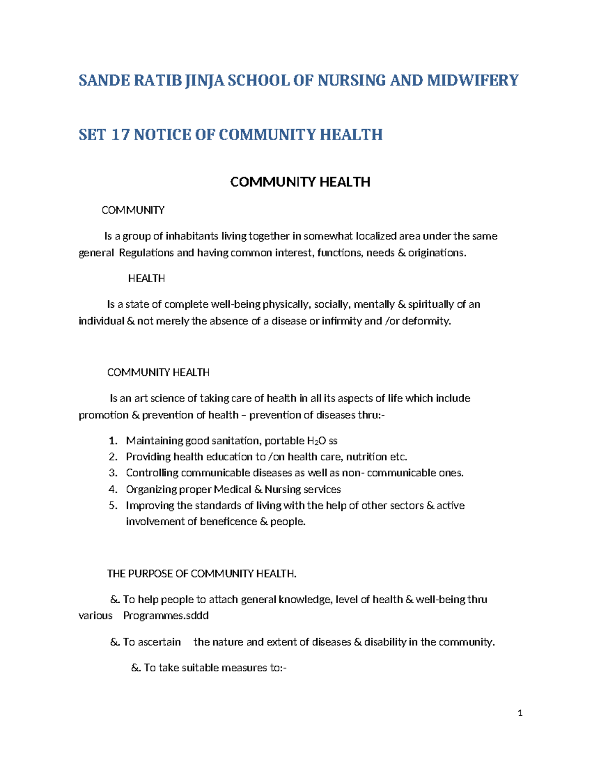 Community Health-1-1 - notes - SANDE RATIB JINJA SCHOOL OF NURSING AND ...